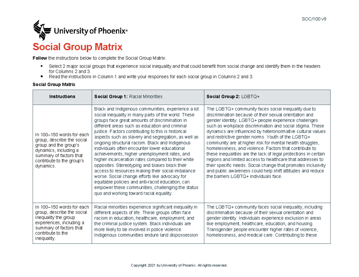 Week5 - SOC/100 v Social Group Matrix Follow the instructions below to ...