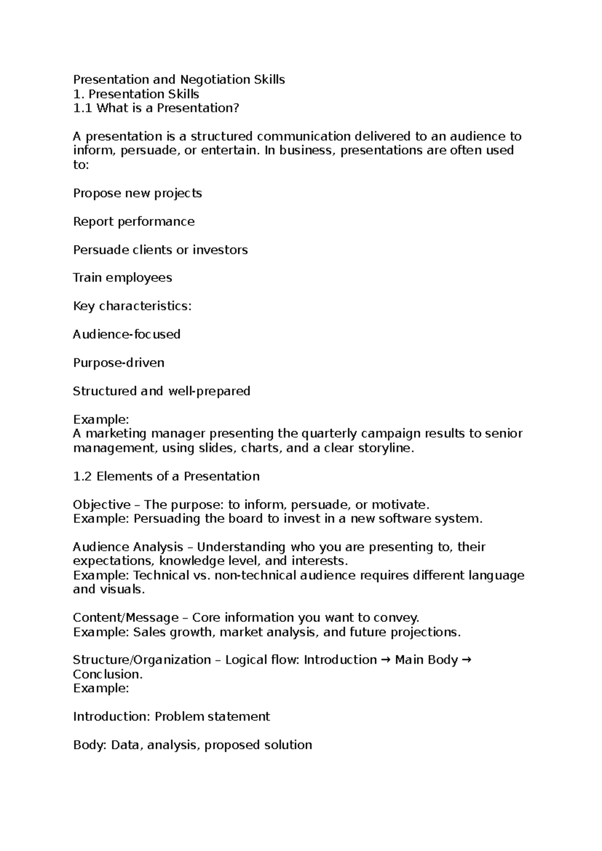 Presentation and Negotiation Skills Notes: Key Concepts and Strategies ...