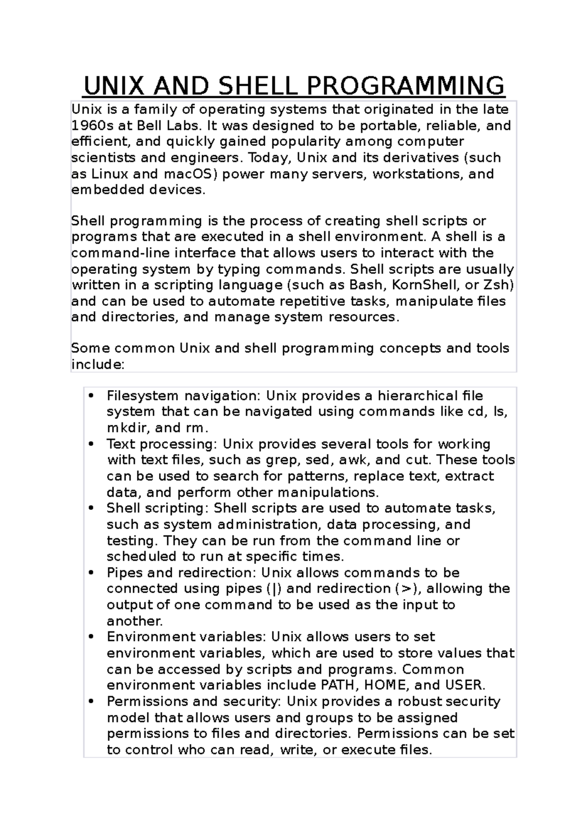 UNIX (CS101) & Shell Programming: Concepts, Tools, and History - Studocu