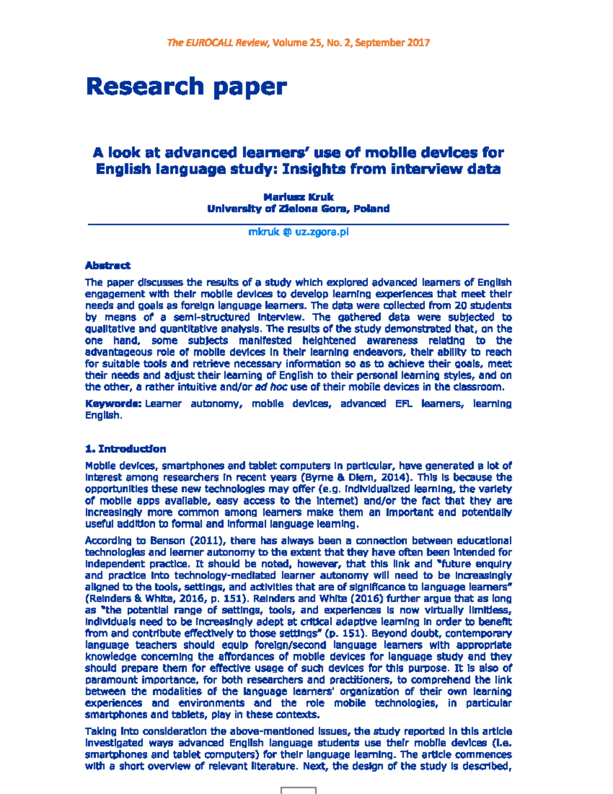 Advanced Mobile Device Use in English Learning: Insights from EFL ...