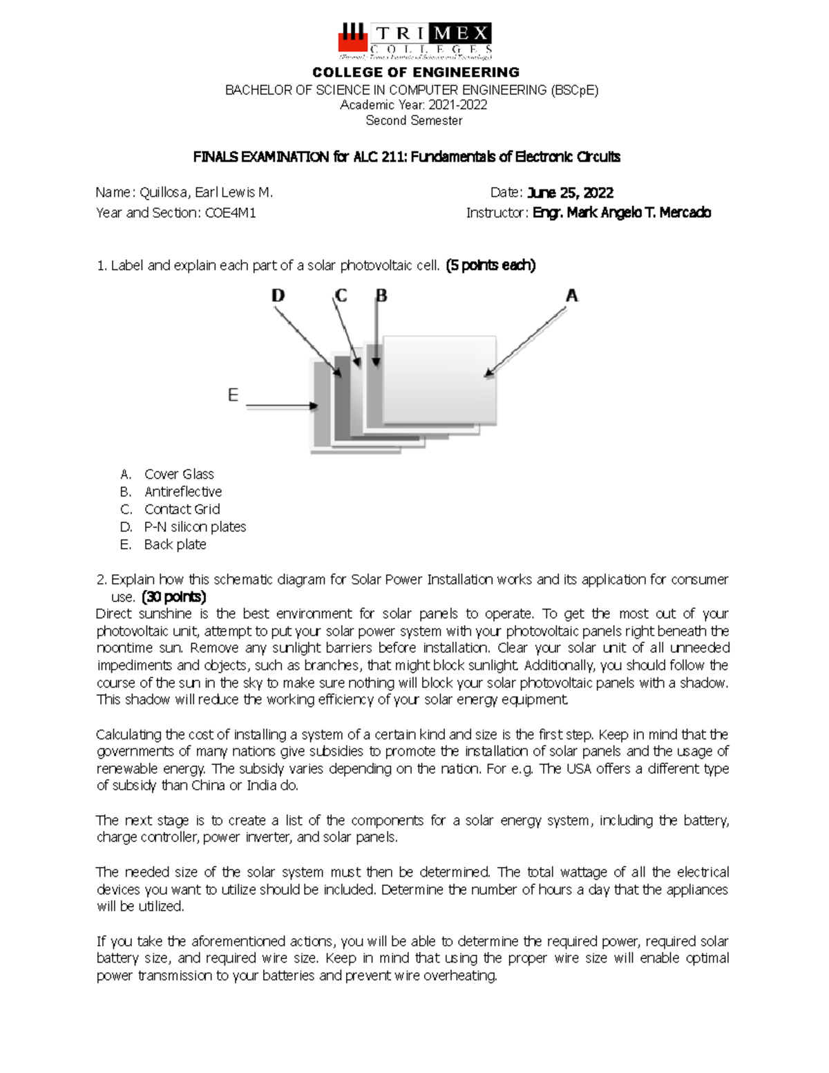 ALC 221 Final Exam: Solar Photovoltaic Cell Essentials and Applications ...