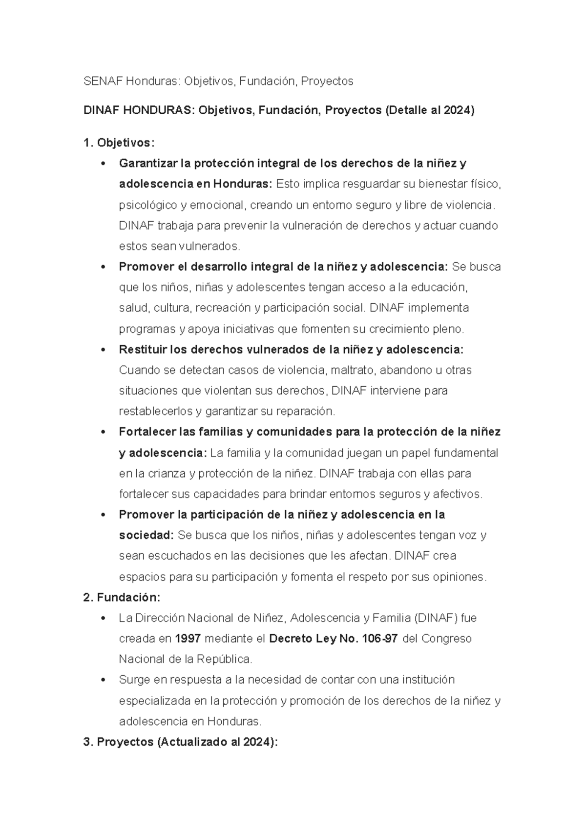 DINAF Honduras: Objetivos, Fundación y Proyectos 2024 - Studocu