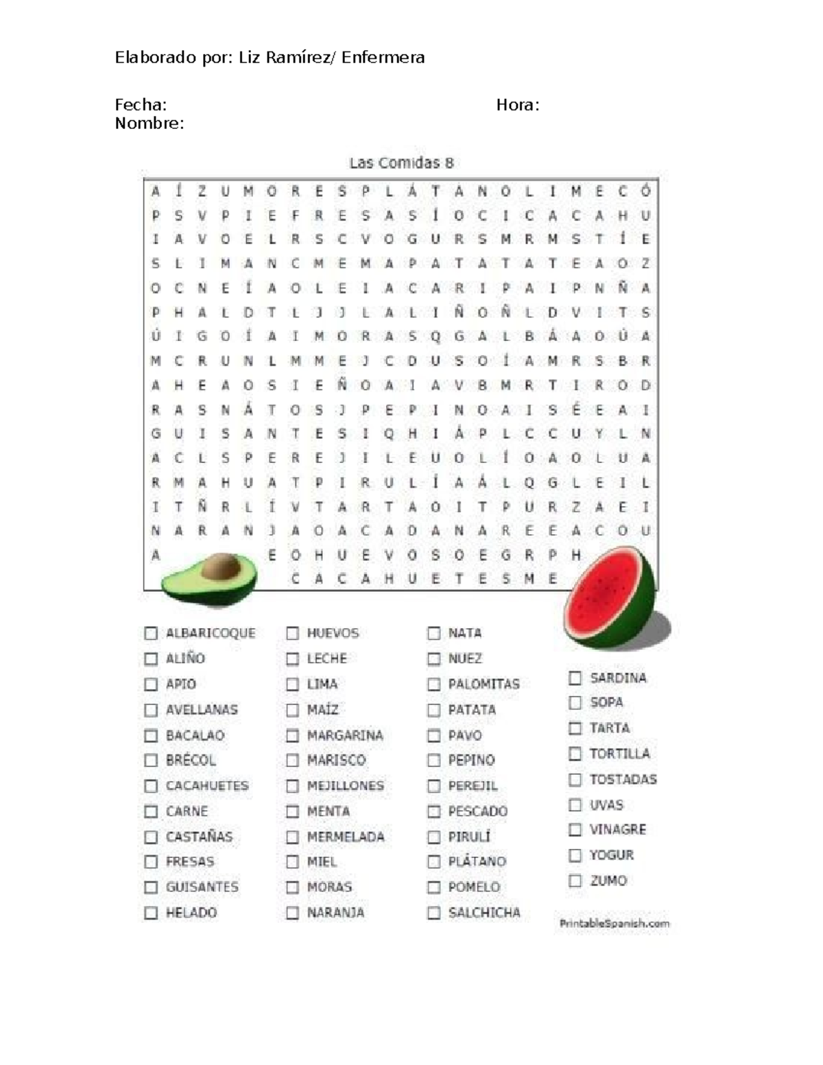 Sopa de letras alimentos - Elaborado por: Liz Ramirez/ Enfermera Fecha ...