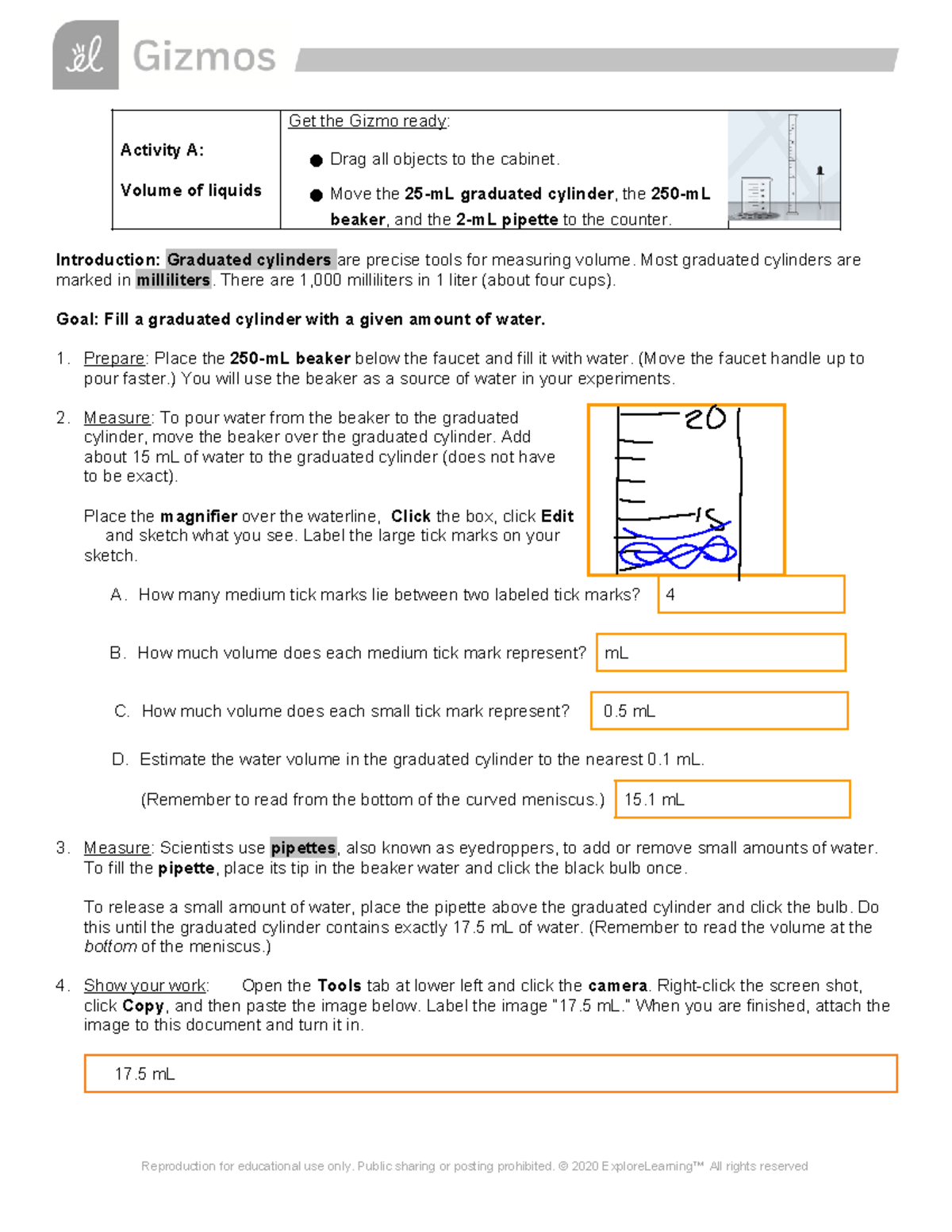 Volume Measurement Activity - Using Graduated Cylinders & Pipettes ...