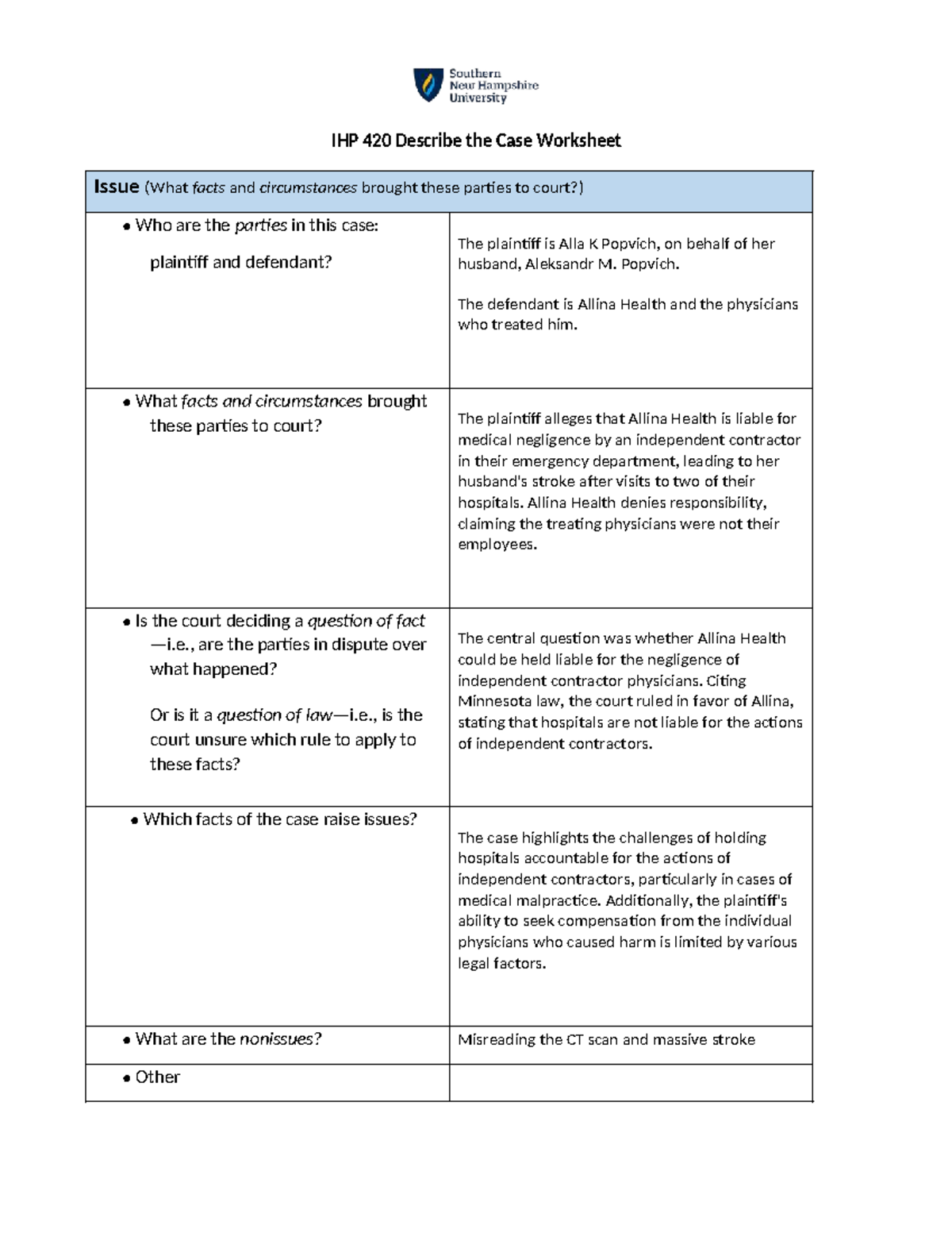 IHP 420 Describe The Case Worksheet Update #3 - IHP 420 Describe the ...