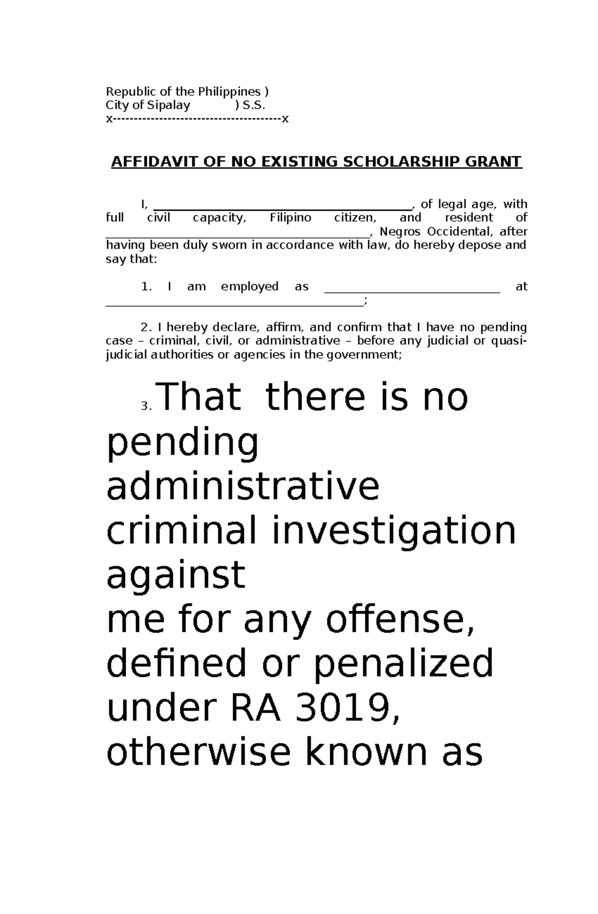 Affidavit of No Existing Scholarship Grant for Legal Purposes - Studocu