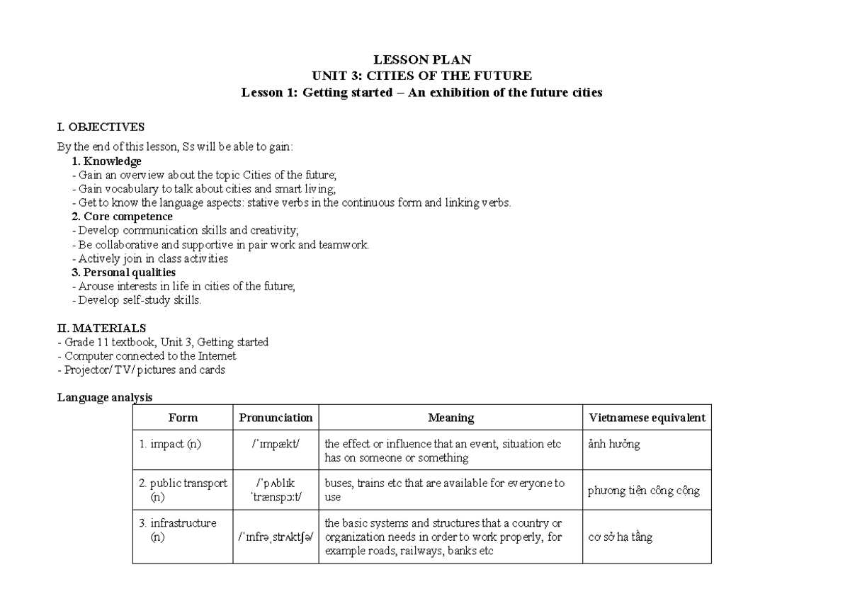 GA TQ 16 - Lesson Plan for Unit 3: Cities of the Future - Studocu