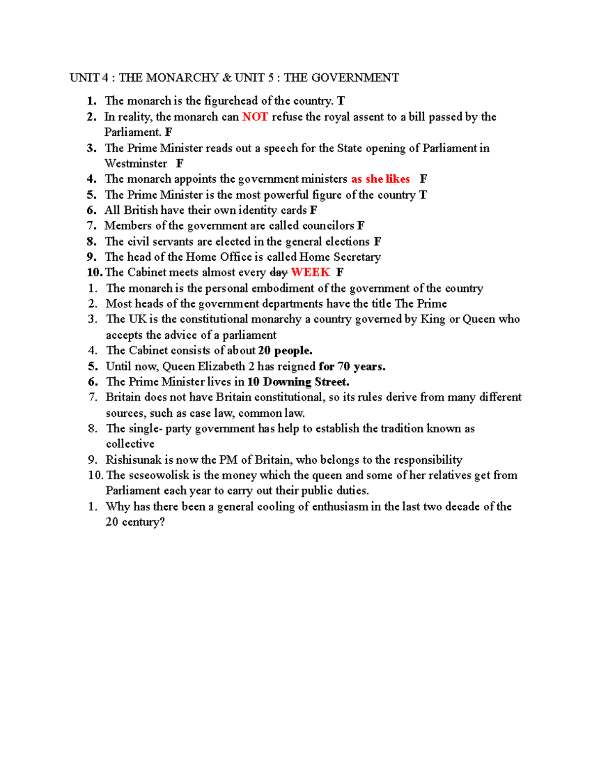 UNIT 4 - The Monarchy & Unit 5 - The Government Overview - Studocu