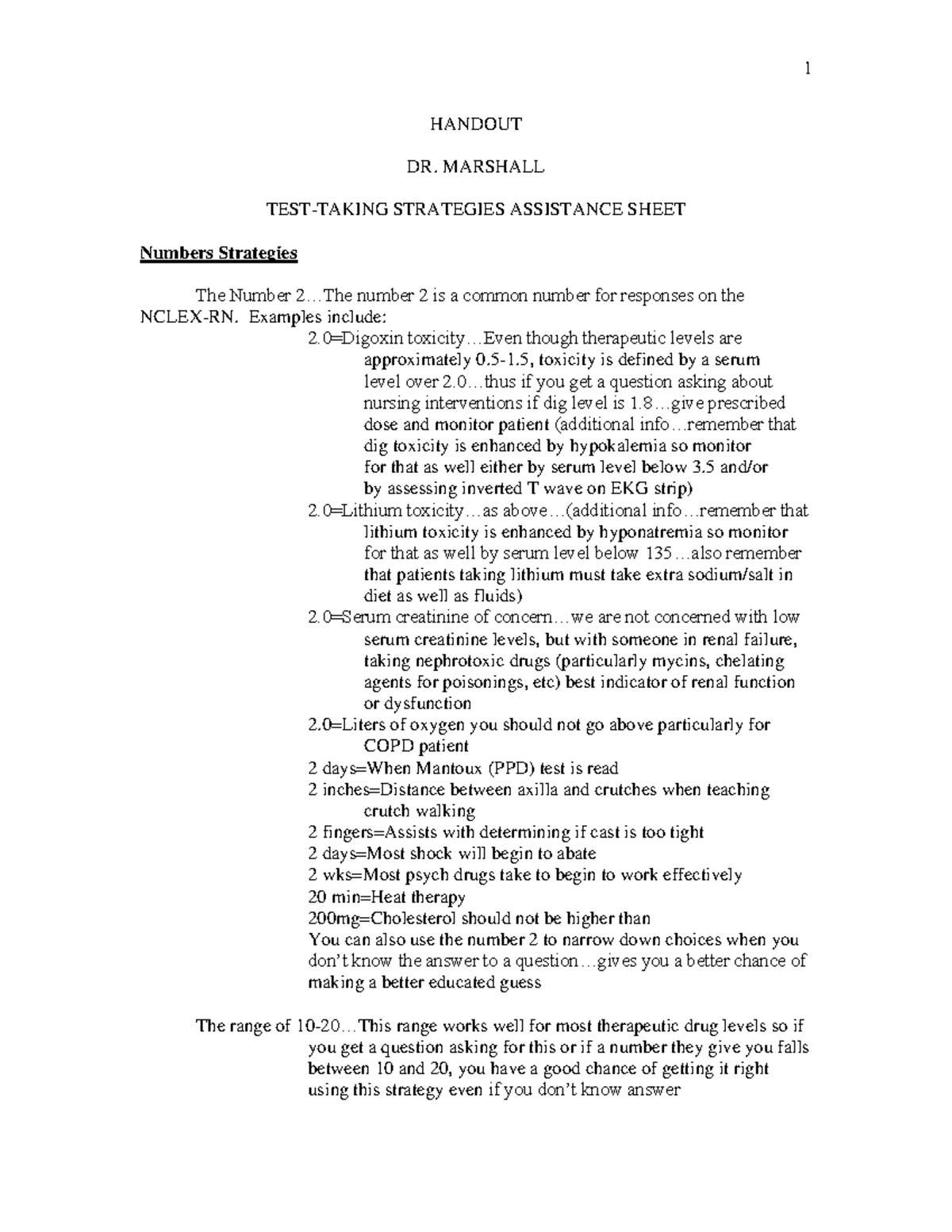 Nclex - Mark Klimek lecture notes - HANDOUT DR. MARSHALL TEST-TAKING ...