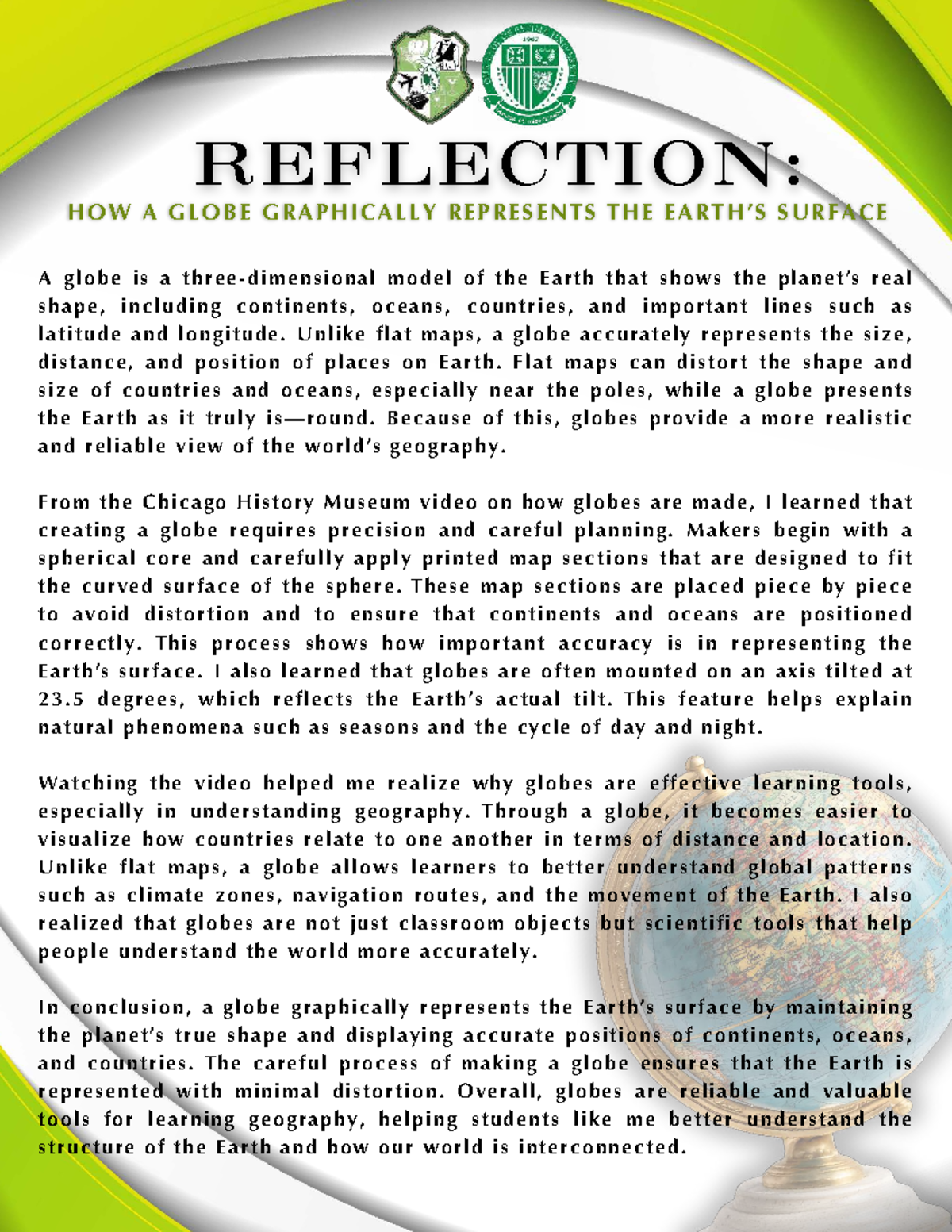GCTG 112 Reflection: The Importance of Globes in Geography - Studocu