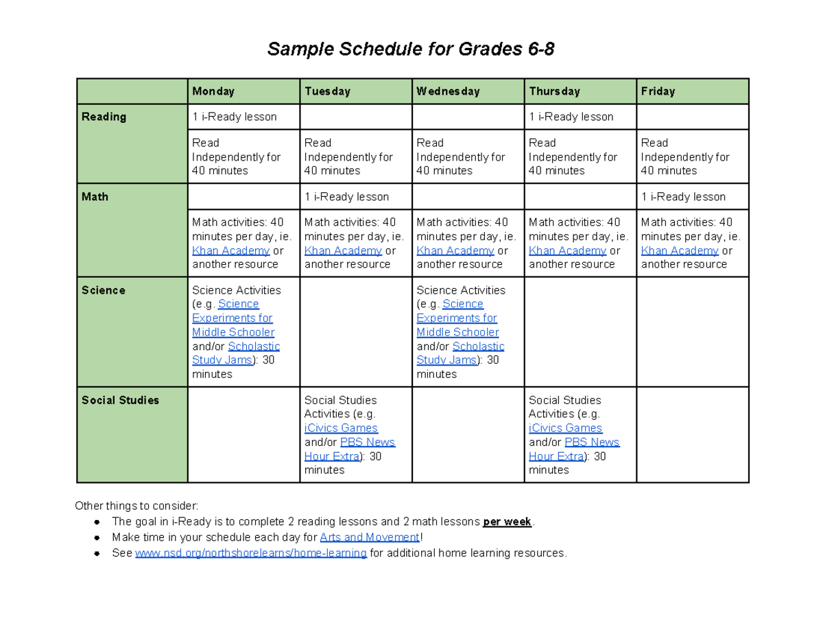 Weekly Home Learning Schedule for Grades 6-8 Activities - Sample ...