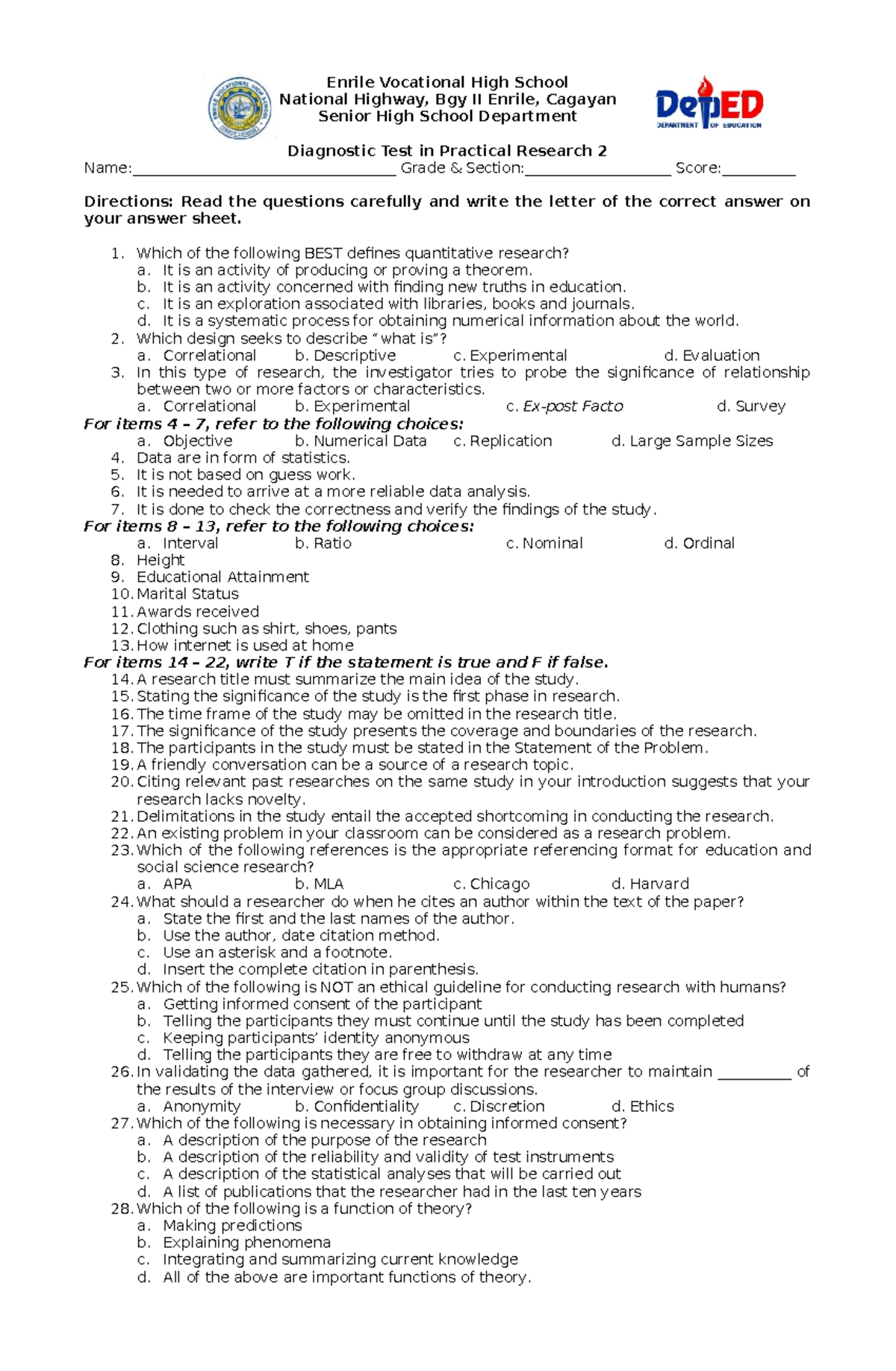 Diagnostic Test in Practical Research 2 (PR2) - Enrile SHS - Studocu