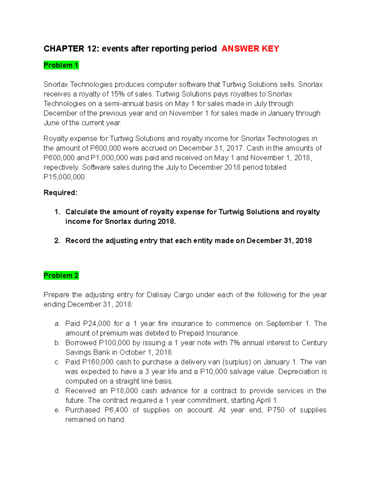 Events After Reporting Period: Adjusting Entries Solutions for CH 12 ...