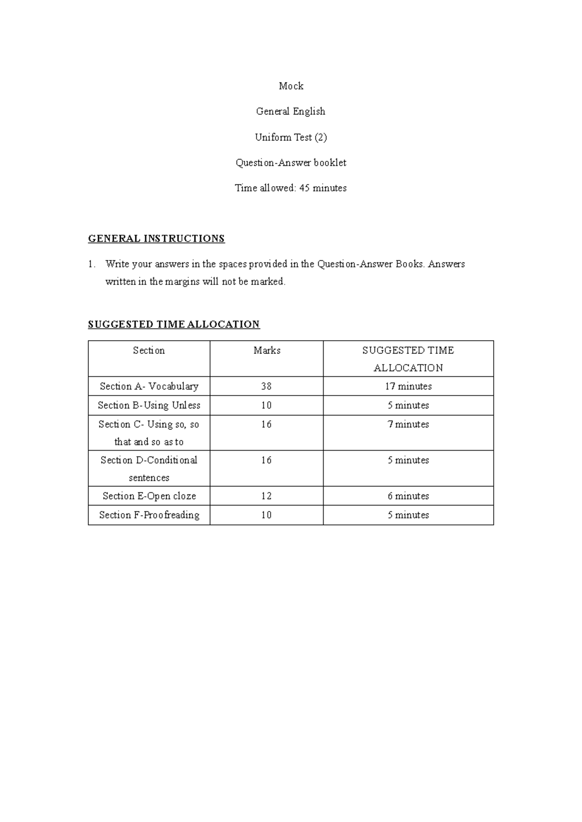 Mock General English Uniform Test (2) - 45 Min Practice - Studocu