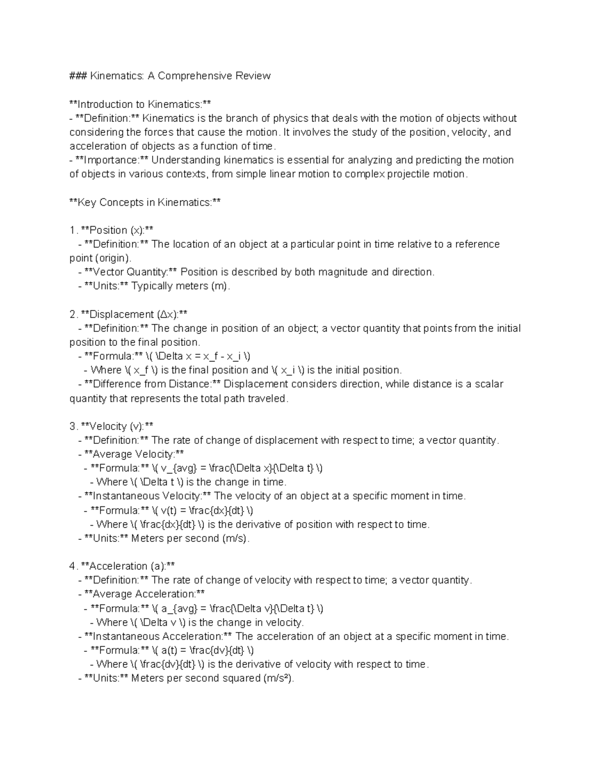 Kinematics Review + Notes - Kinematics: A Comprehensive Review ...