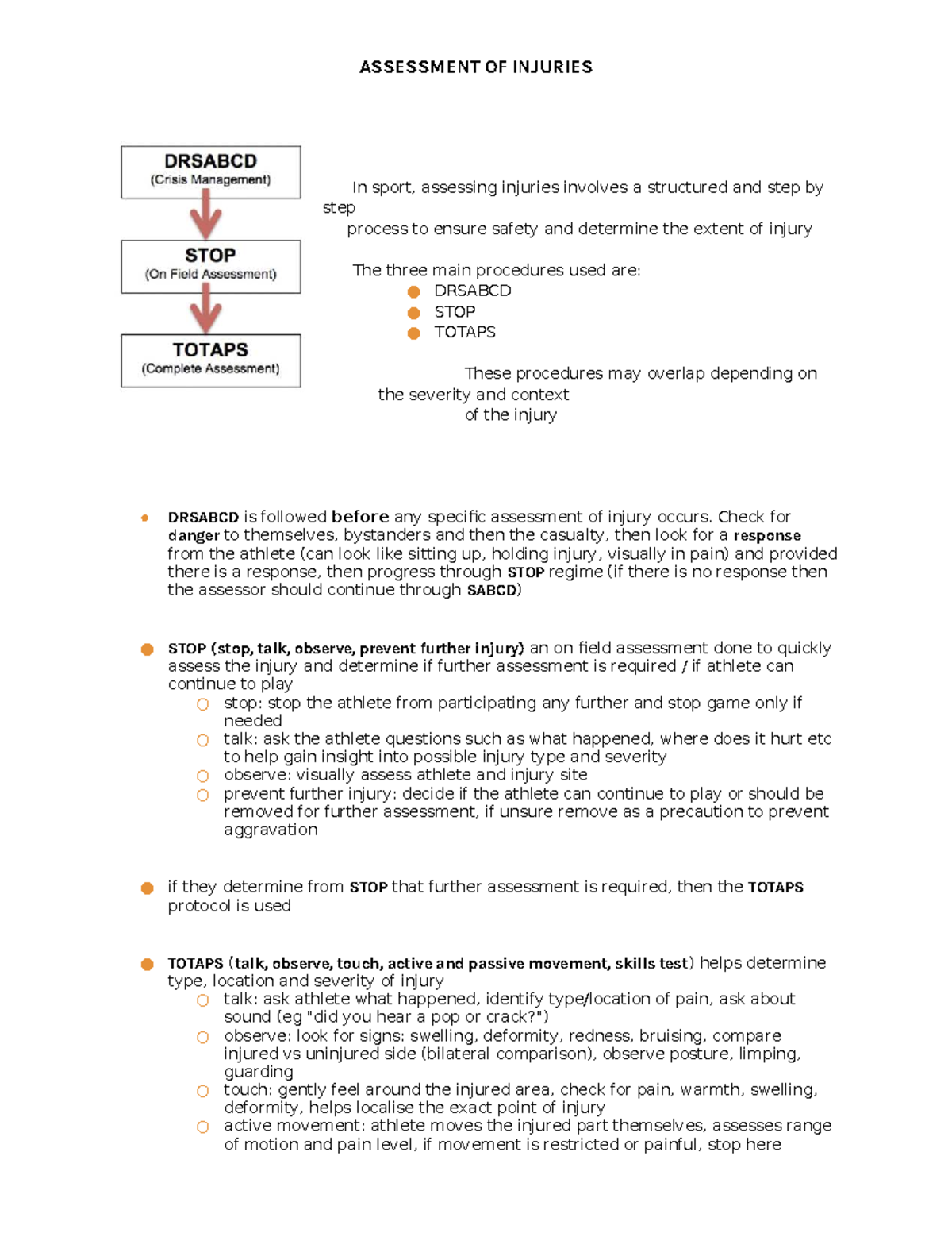 ASSESSMENT OF INJURIES IN SPORT: DRSABCD, STOP, TOTAPS - Studocu