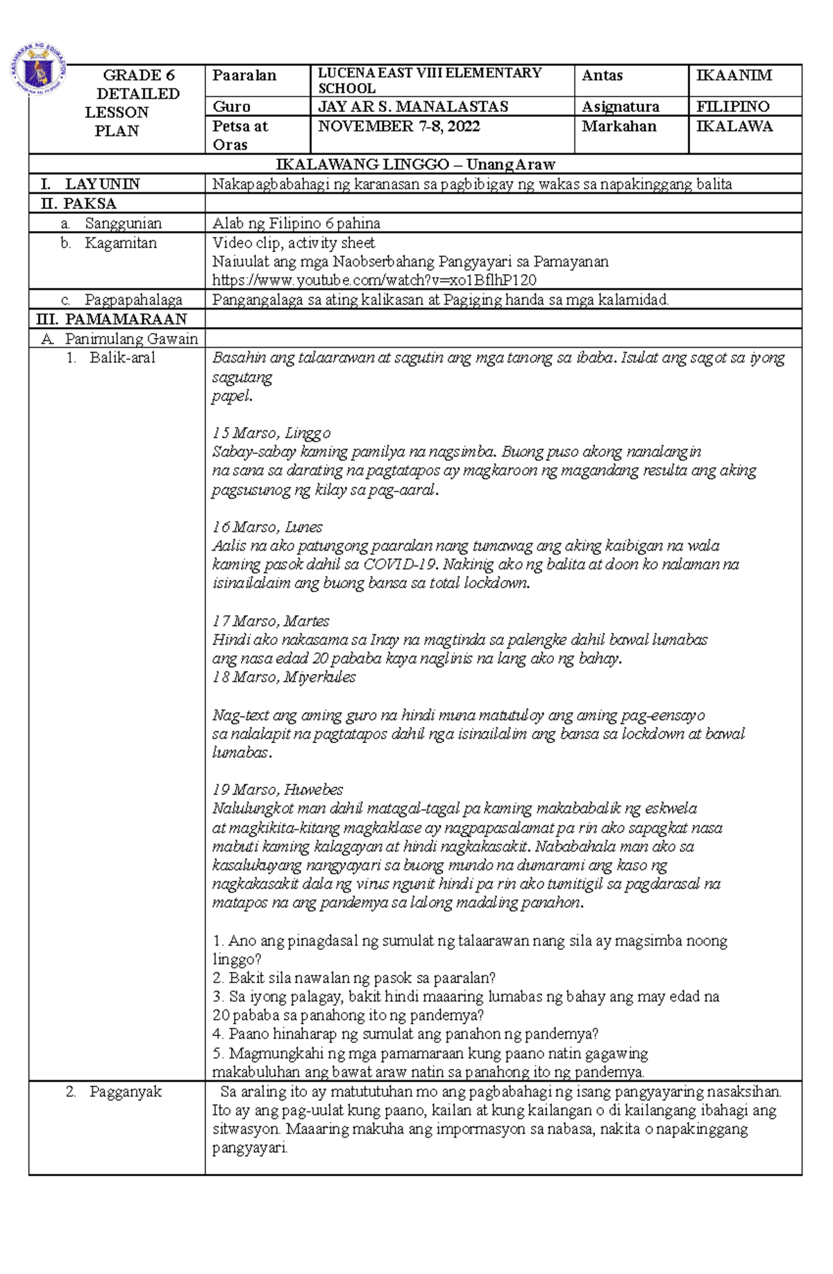 DLP Filipino 6 Q2 Lesson Plan for Week 2 Activities and Assessments - Studocu