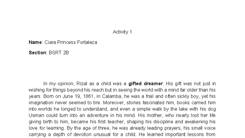 Activity 1: Rizal's Childhood Imagination and Influence - BSRT 2B - Studocu
