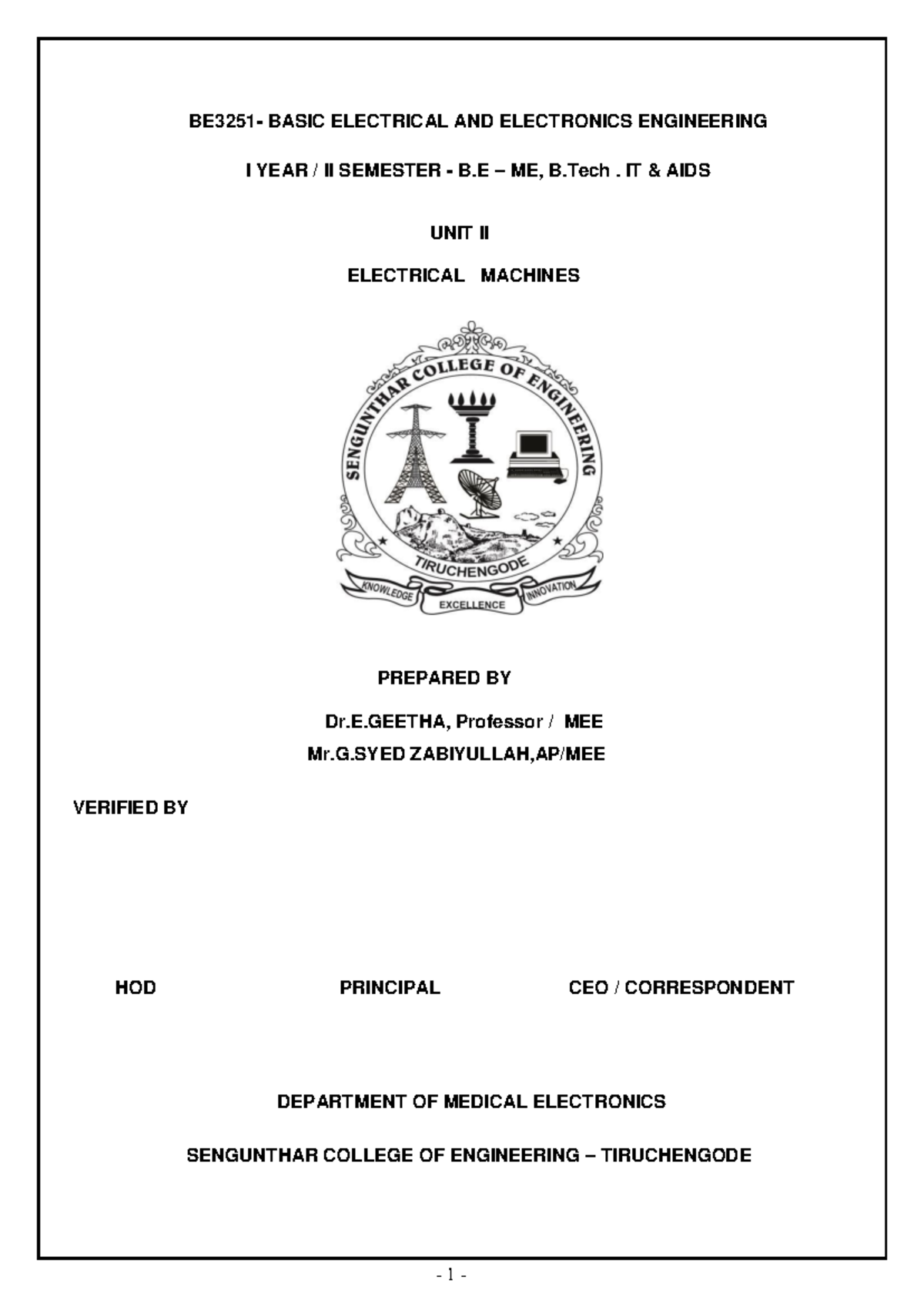 BEEE I Year II Sem Electrical Machines Unit II Notes - Studocu