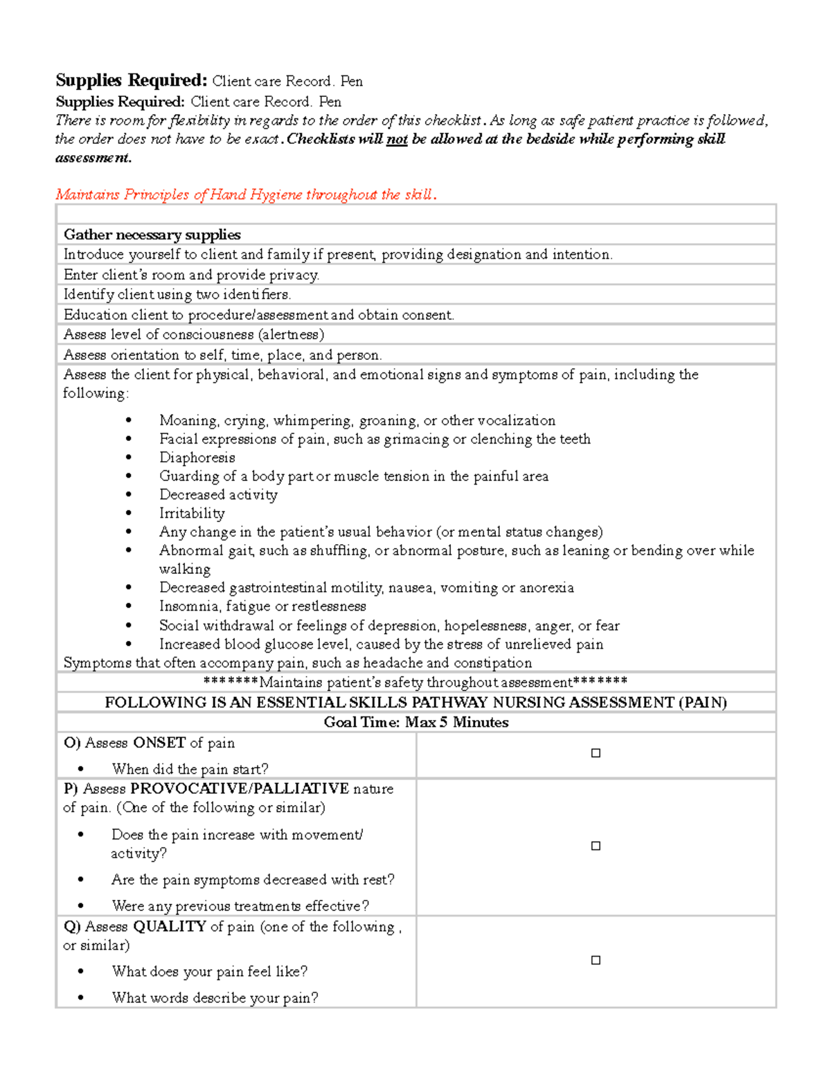Essential Skills Pathway: HEAS 1000 ESPN Pain Assessment Checklist V1 ...