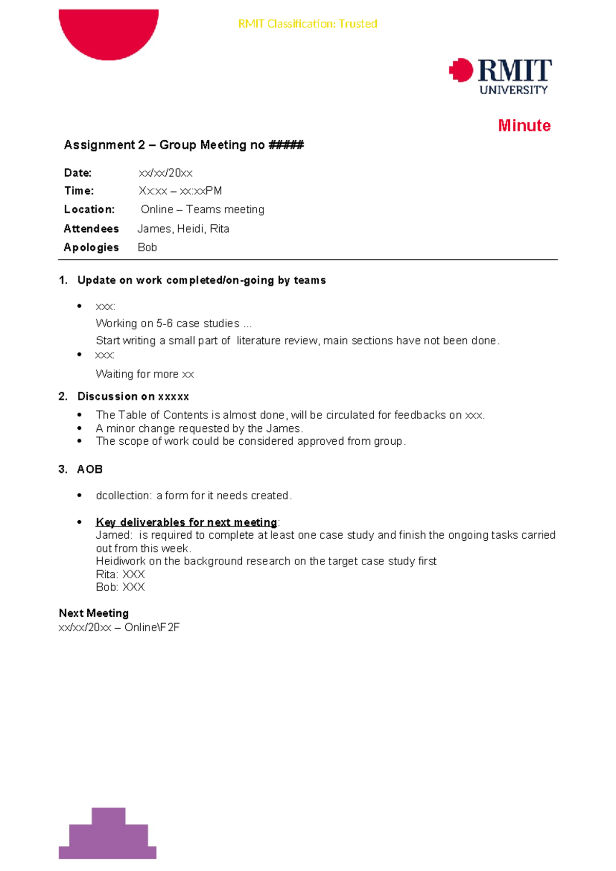 Meeting Minutes - RMIT Trusted Assignment 2 Group Meeting - Studocu