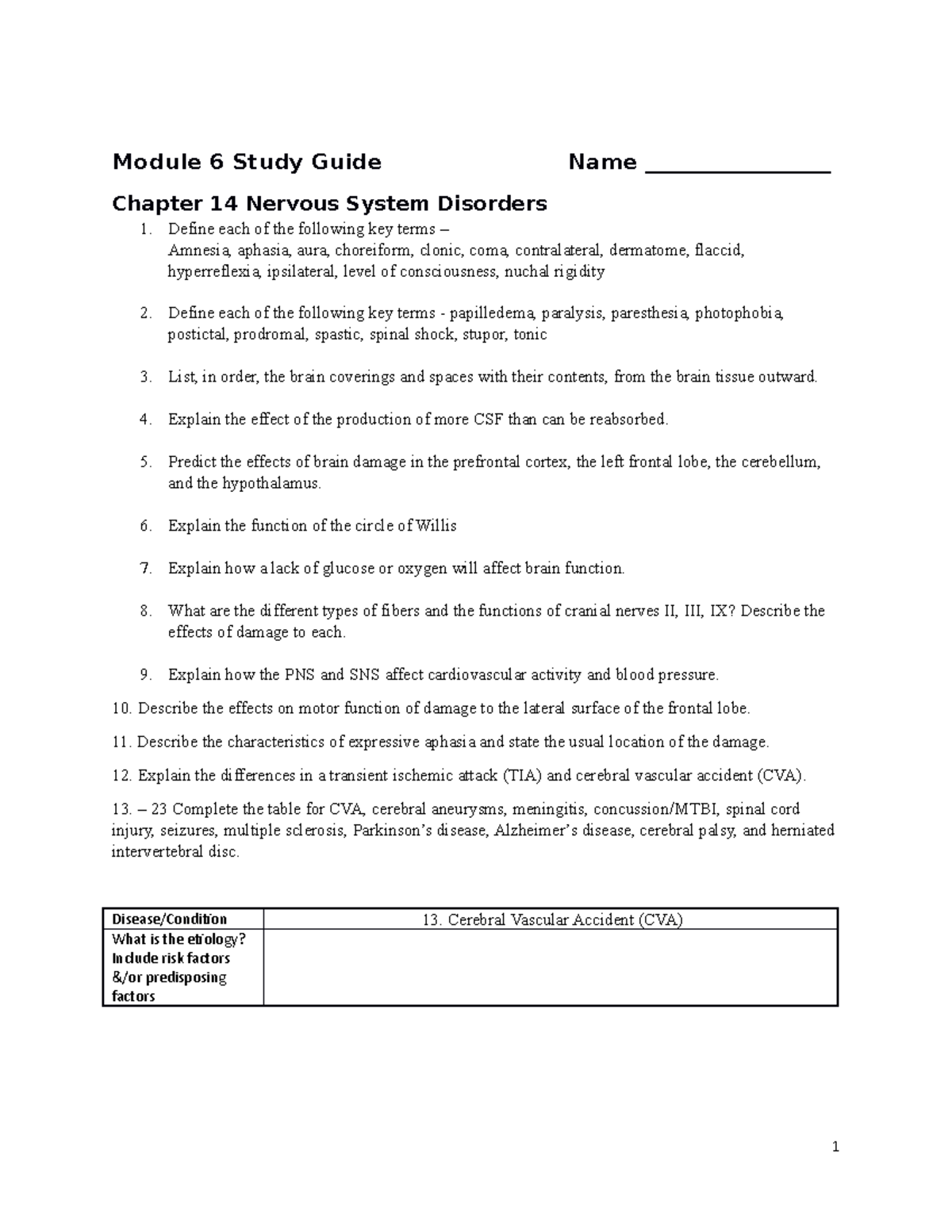 Module 6 Study Guide: Nervous System Disorders & Immobility Topics ...