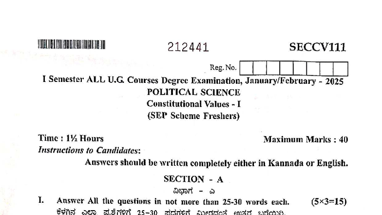 212441 I Sem U.G. Courses Political Science QP - Constitutional Values ...