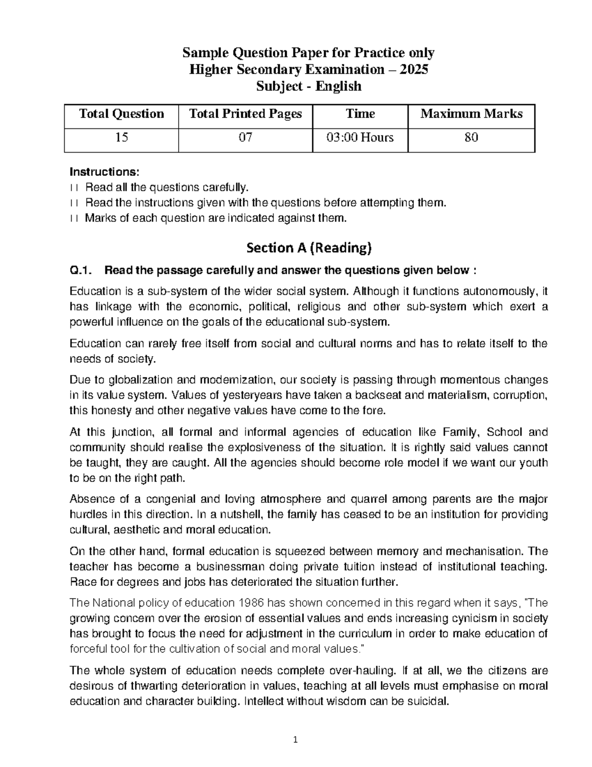 12th English - Sample Question Paper for Higher Secondary Exam 2025 ...