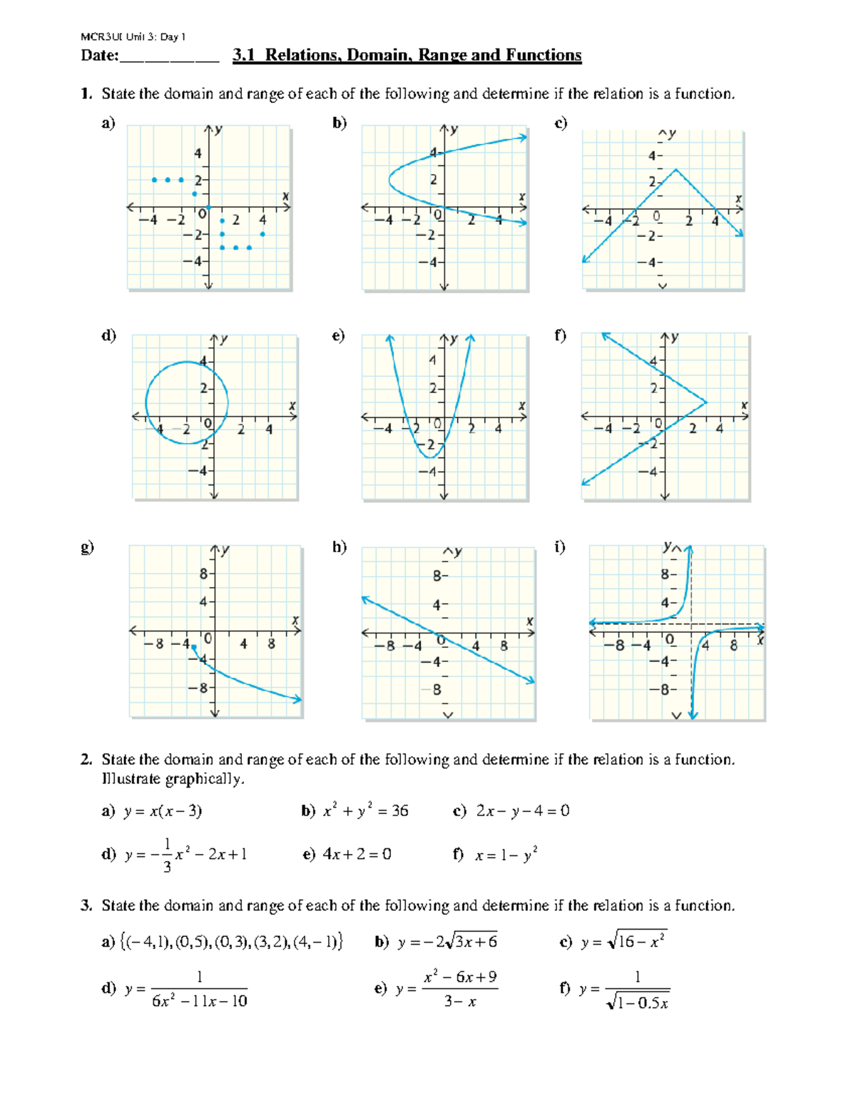 MCR3UI Unit 3: Day 1-2 Homework on Relations and Functions - Studocu