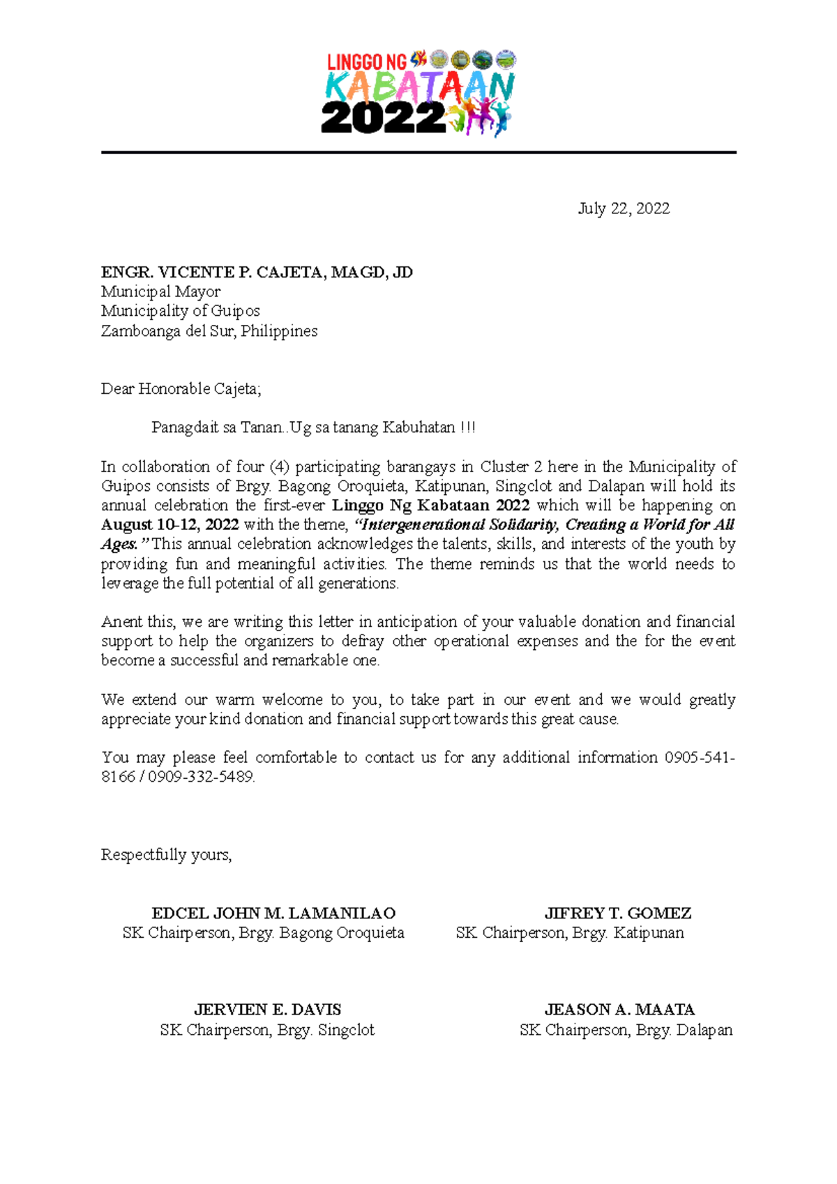 Solicitation Letter - HELLO - ENGR. VICENTE P. CAJETA, MAGD, JD ...