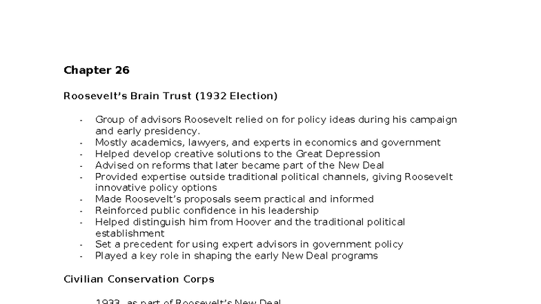 Chapter 26: The Brain Trust and New Deal Policies in 1932 - Studocu