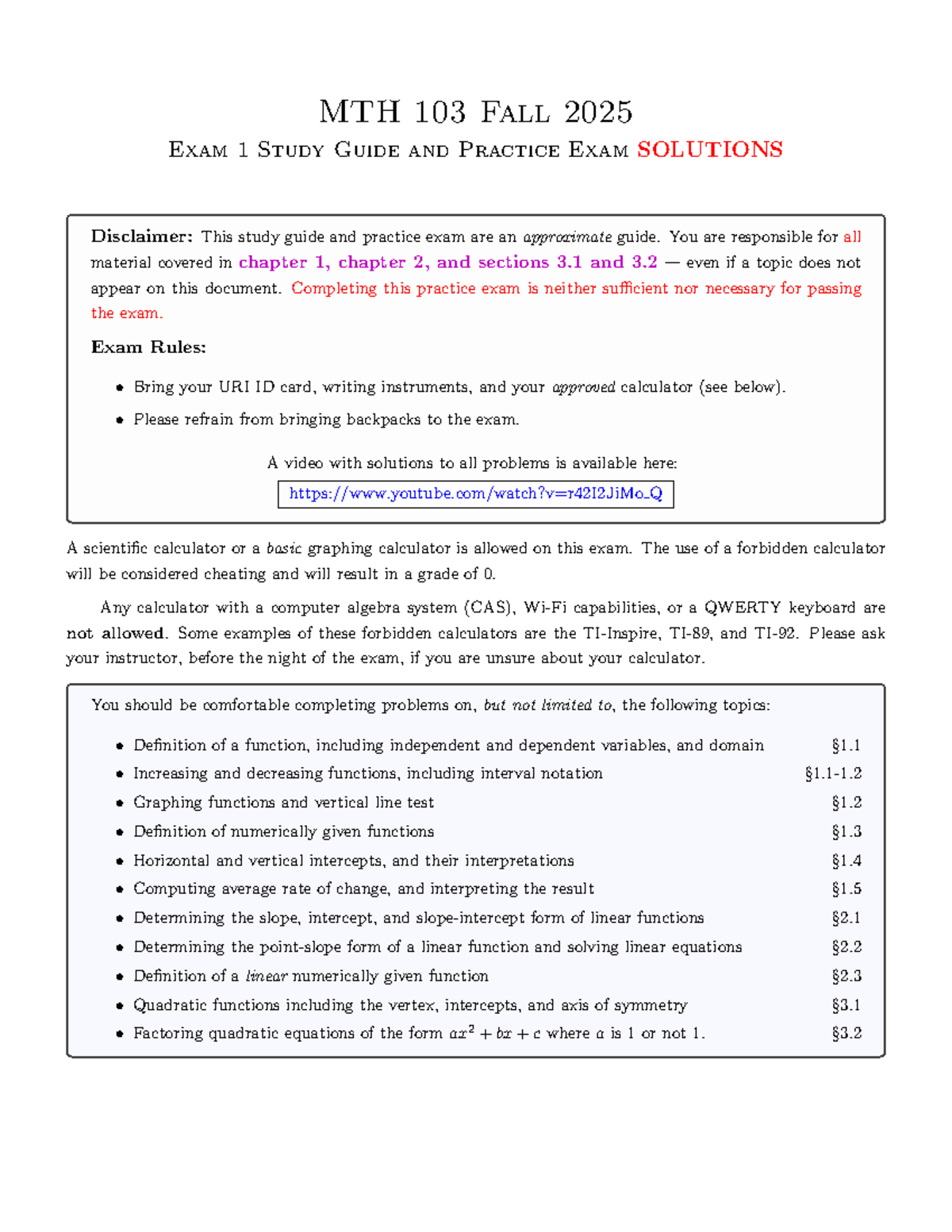 MTH 103 Fall 2025 Exam 1 Study Guide & Practice Exam Solutions - Studocu
