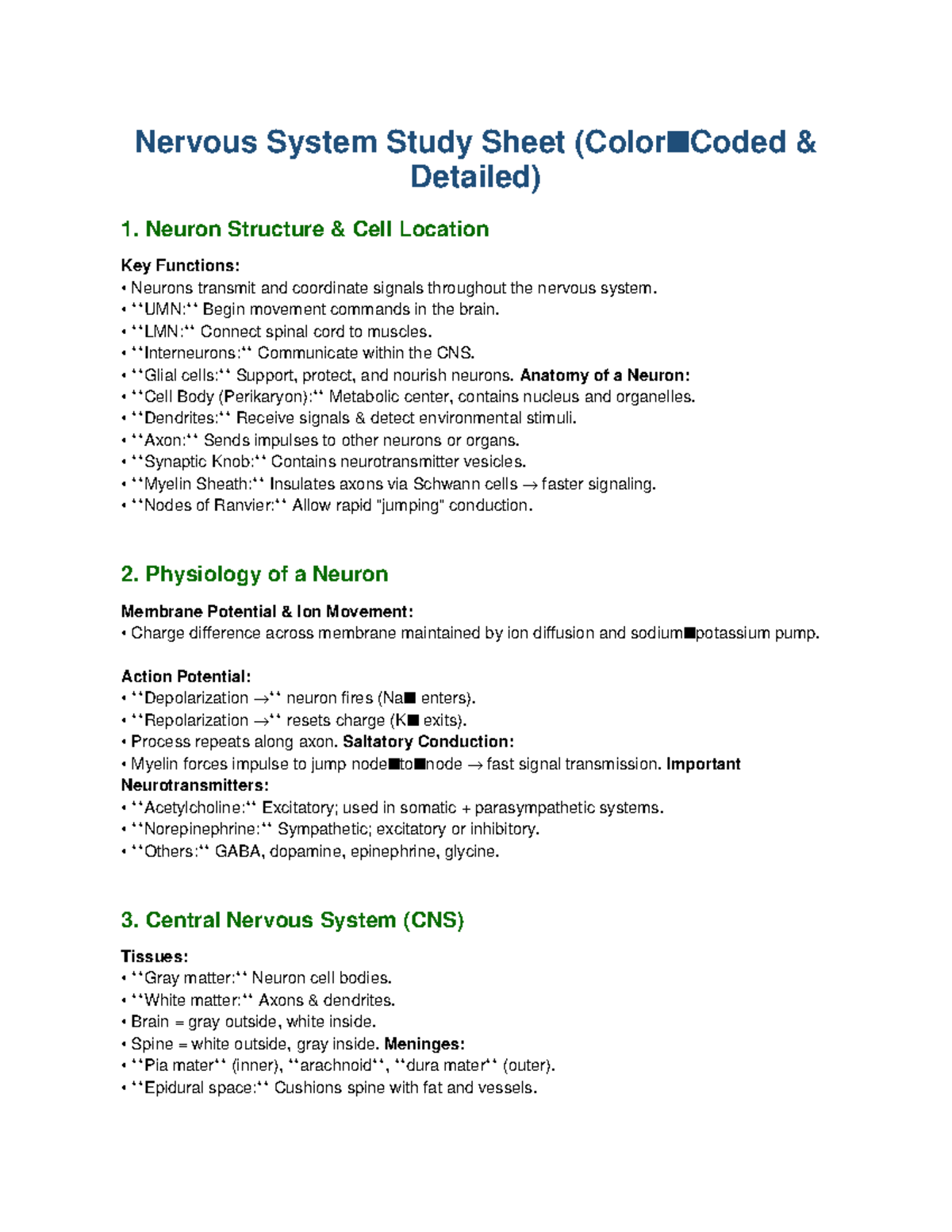 Nervous System Study Sheet: Detailed Overview - Studocu