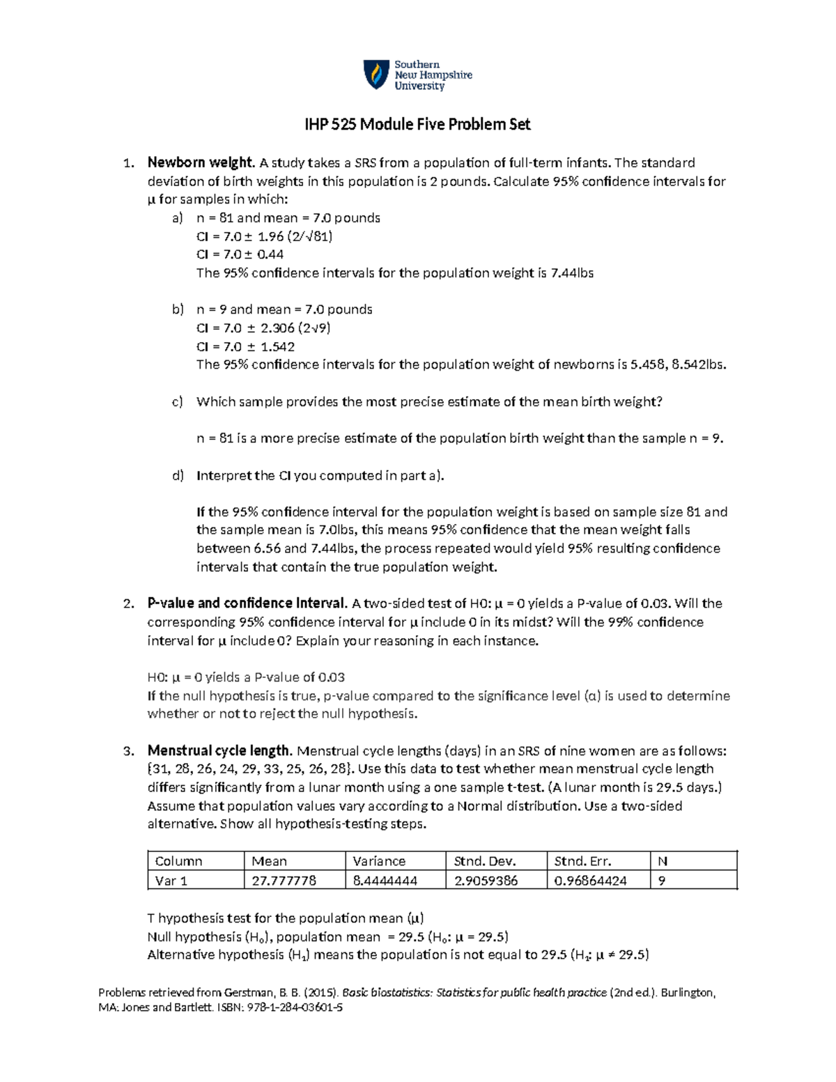 IHP 525 Module 5 Problem Set: Confidence Intervals & Hypothesis Testing ...