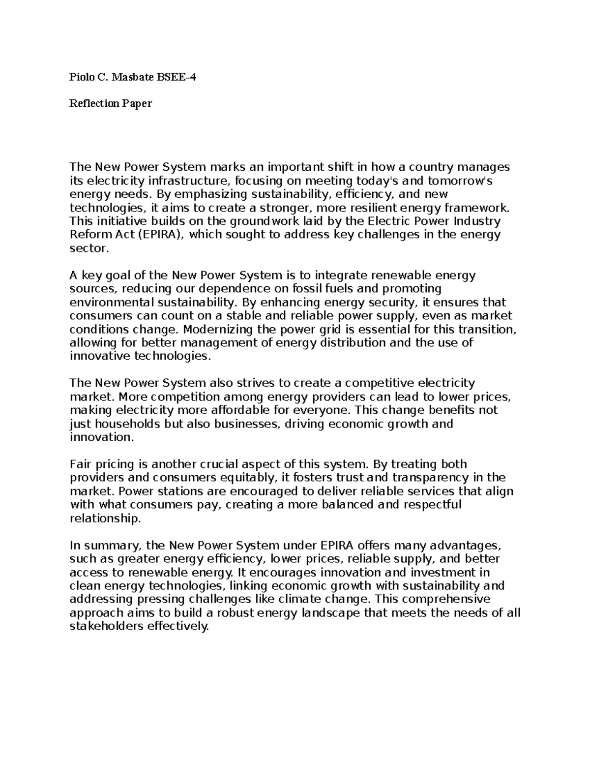 Reflection Paper - None - Piolo C. Masbate BSEE- Reflection Paper The ...