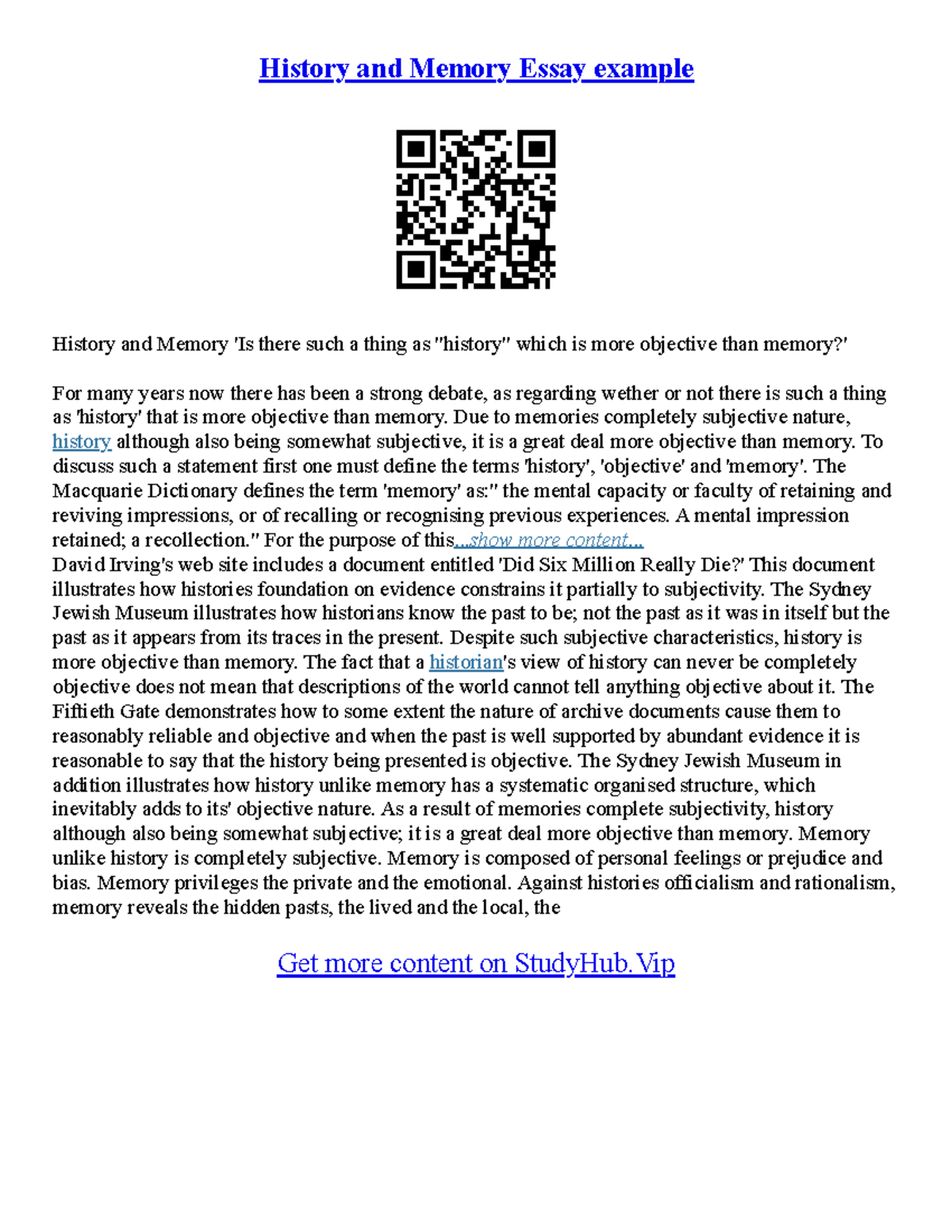 Memories Essay Memories Essay - History and Memory Essay example ...