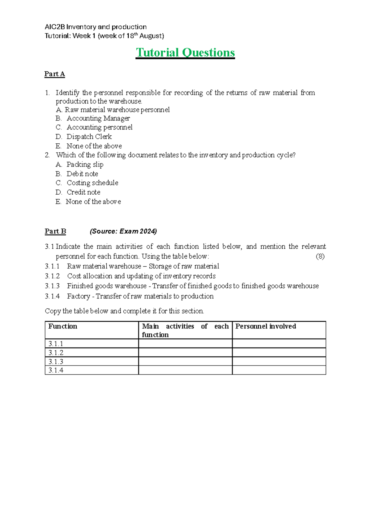 AIC2B Inventory & Production Week 1 Tutorial Solutions - Studocu