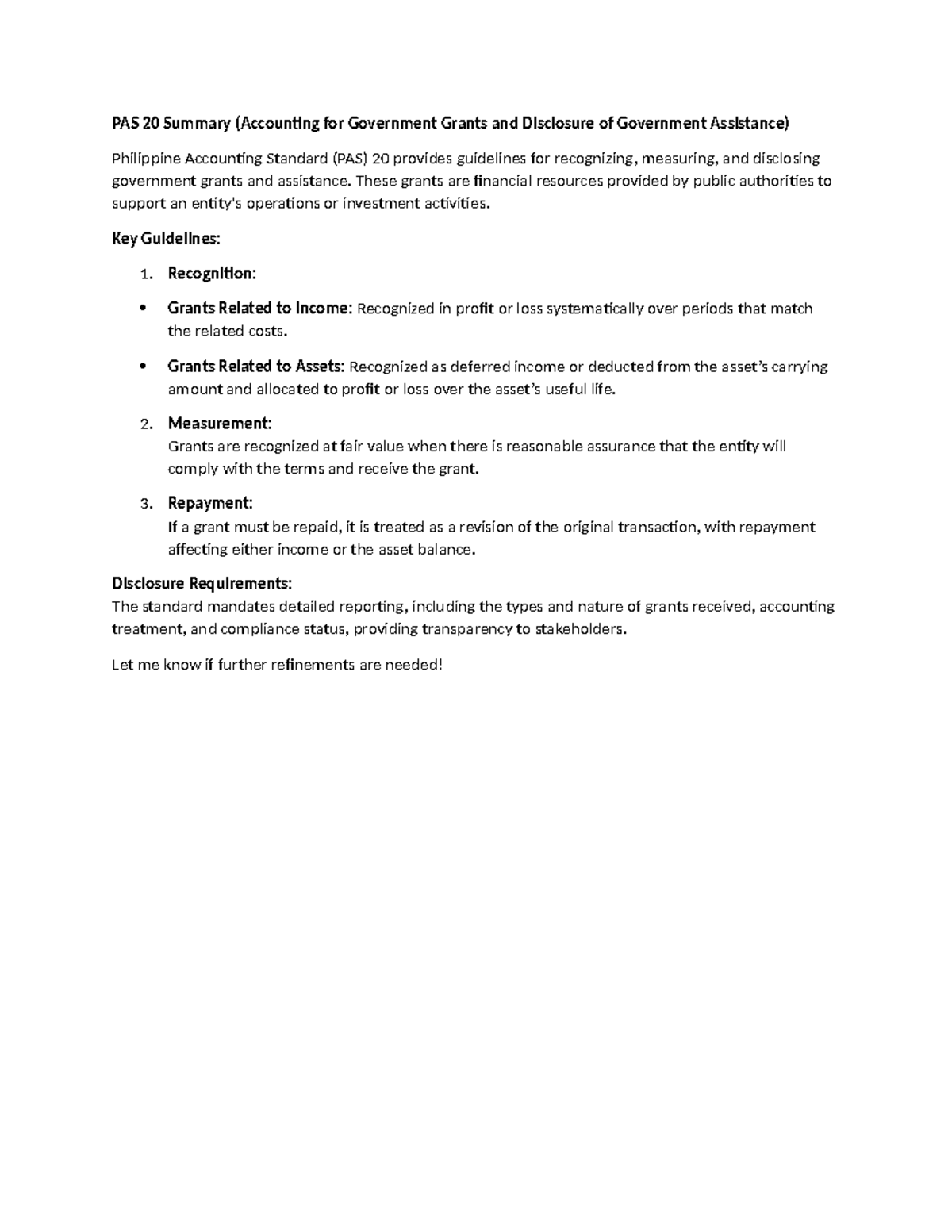 PAS 20 Summary: Accounting for Government Grants & Disclosure - Studocu