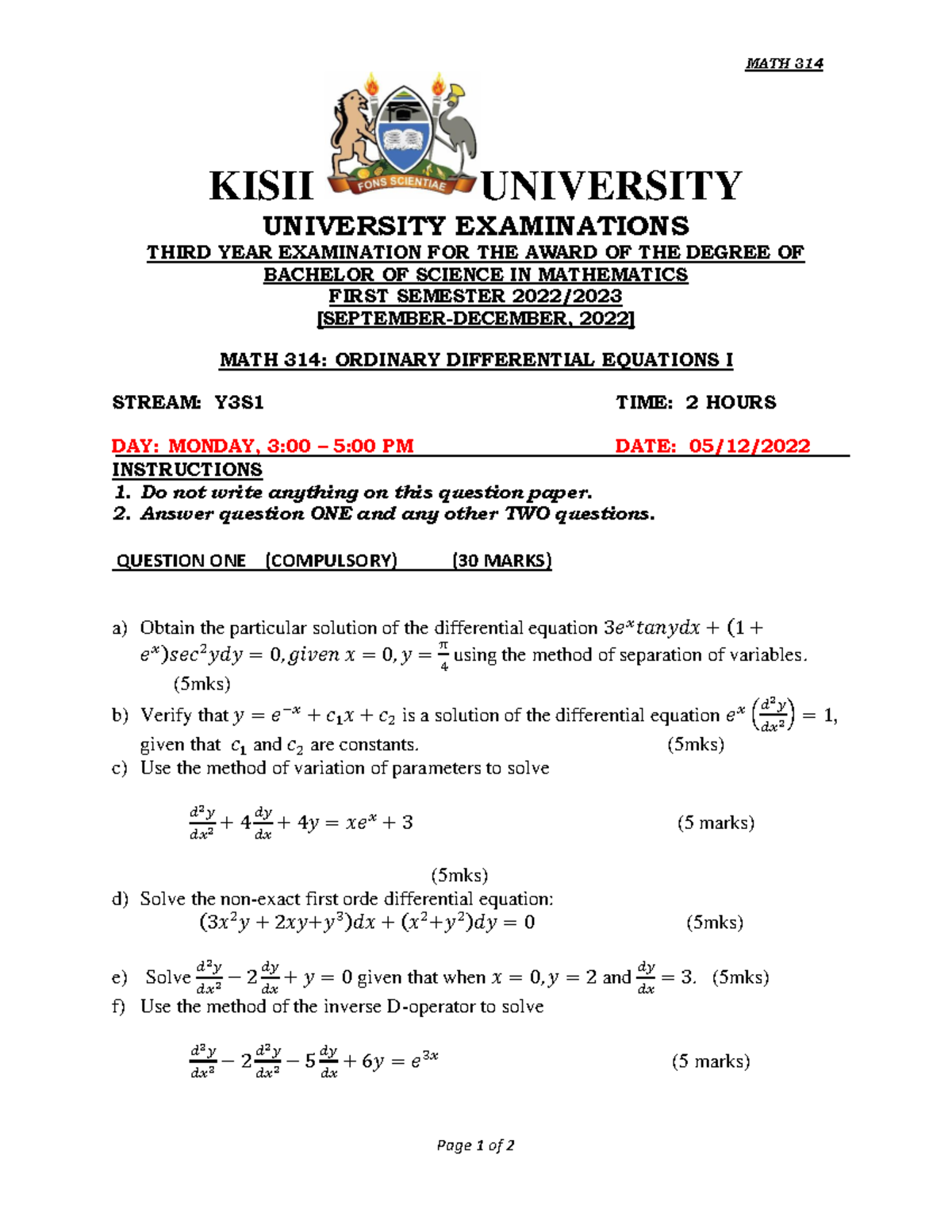 MATH 314: Ordinary Differential Equations I - Revision Paper - Studocu
