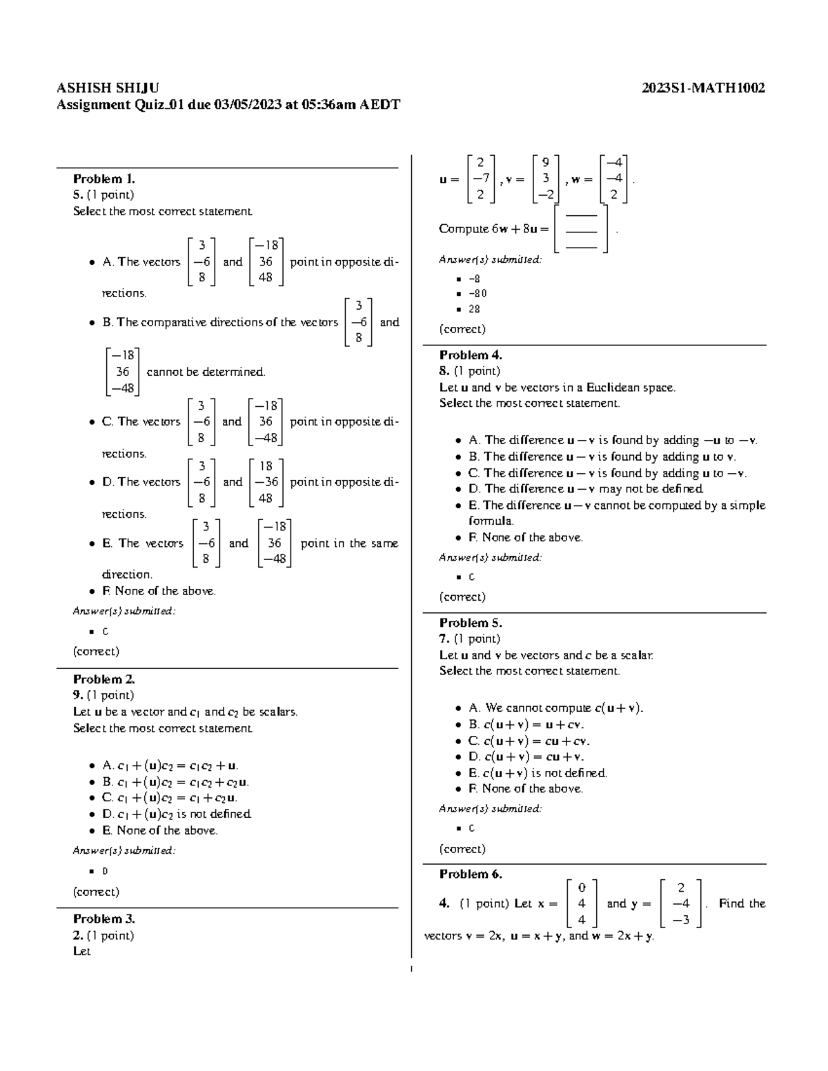 MATH1002 Webwork Quiz 1 - ASHISH SHIJU 2023S1-MATH Assignment Quiz 01 due 03/05/2023 at 05:36am ...