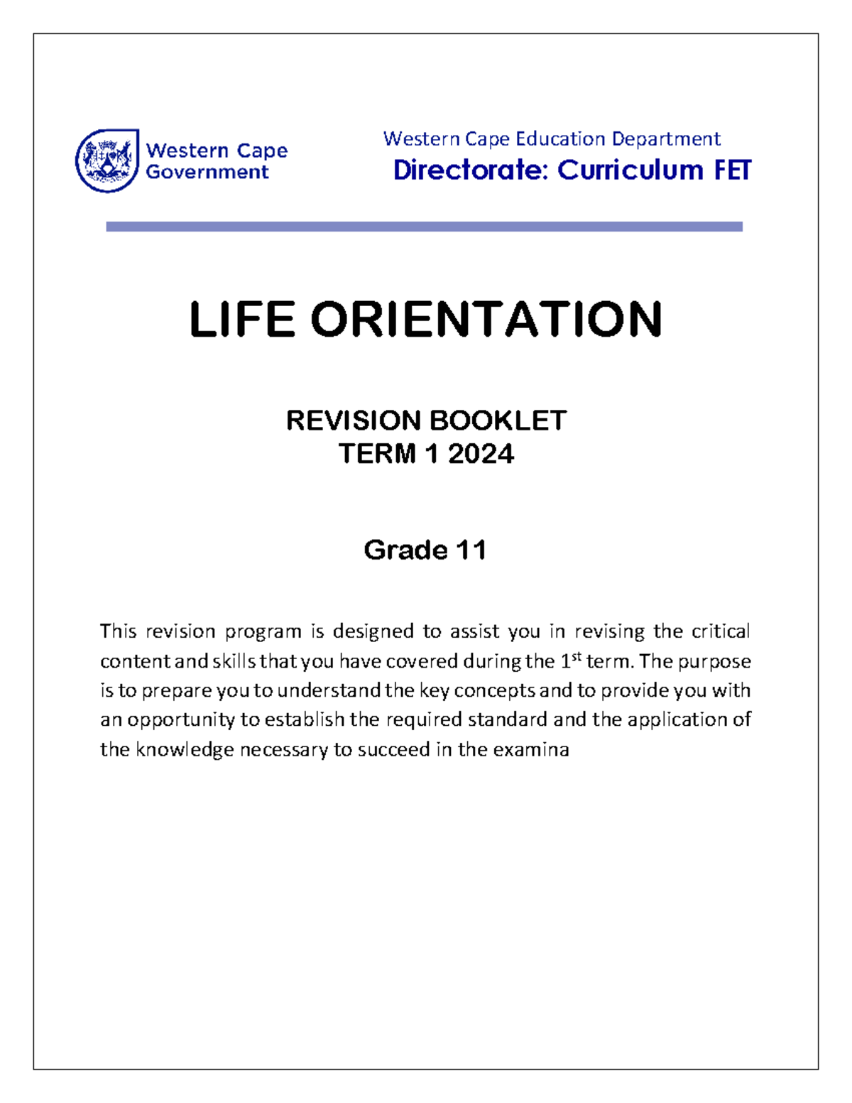 LO Grade 11 Life Orientation Revision Booklet Term 1 2024 - Studocu