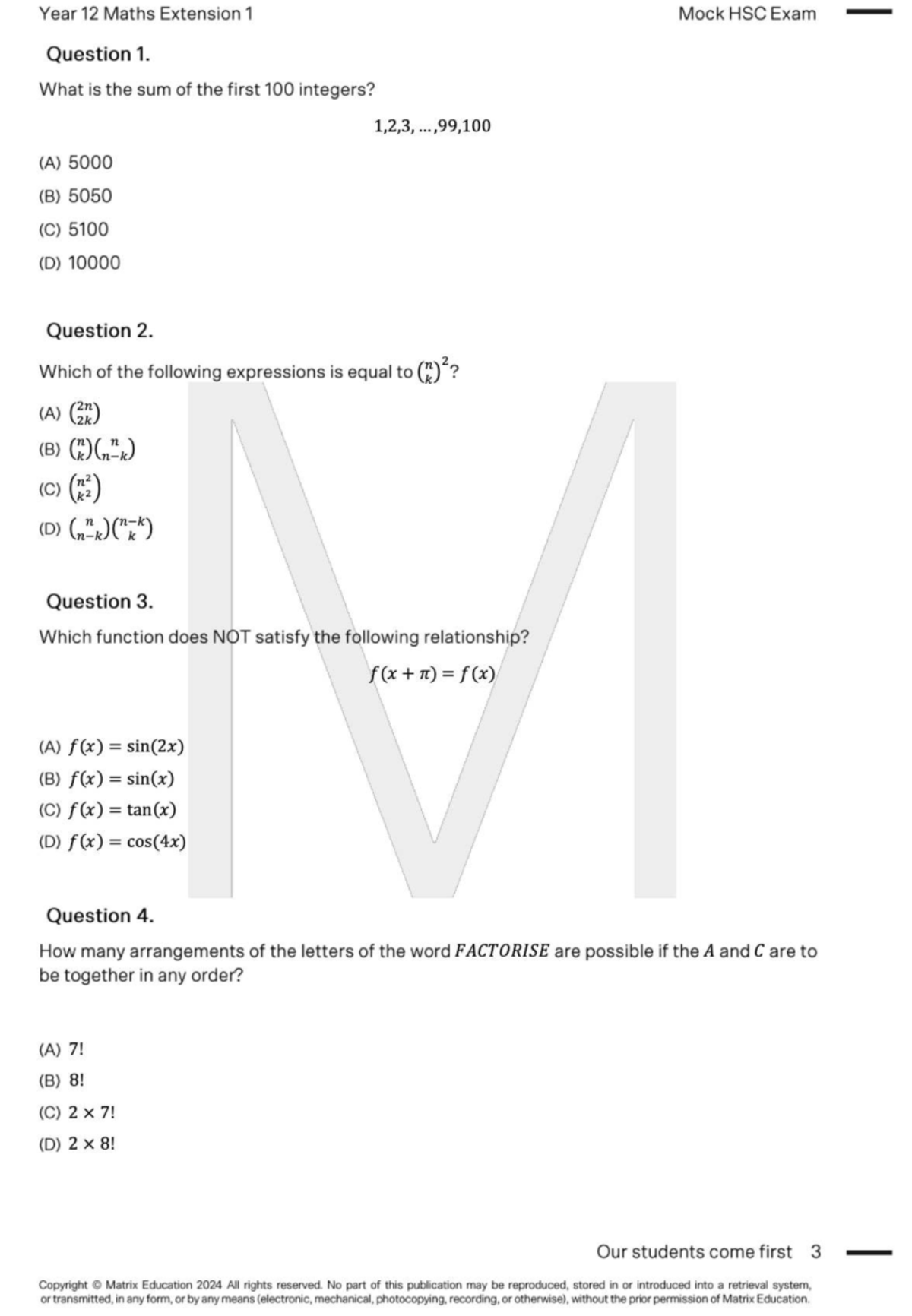 Year 12 Maths Extension 1 Mock HSC Exam Questions and Solutions - Studocu