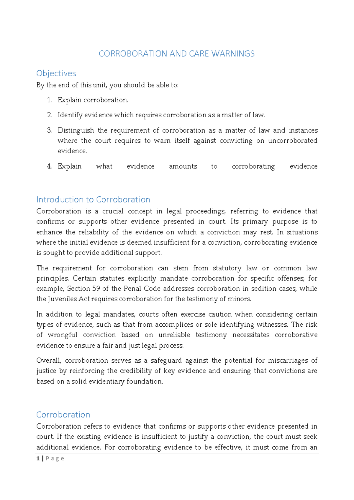 Corroboration and Care Warnings: Legal Principles Overview (120224 ...