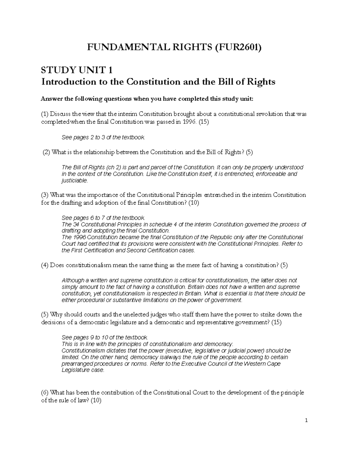 FUR2601 - Fundamental Rights Study Unit 1: Constitution & Bill of ...