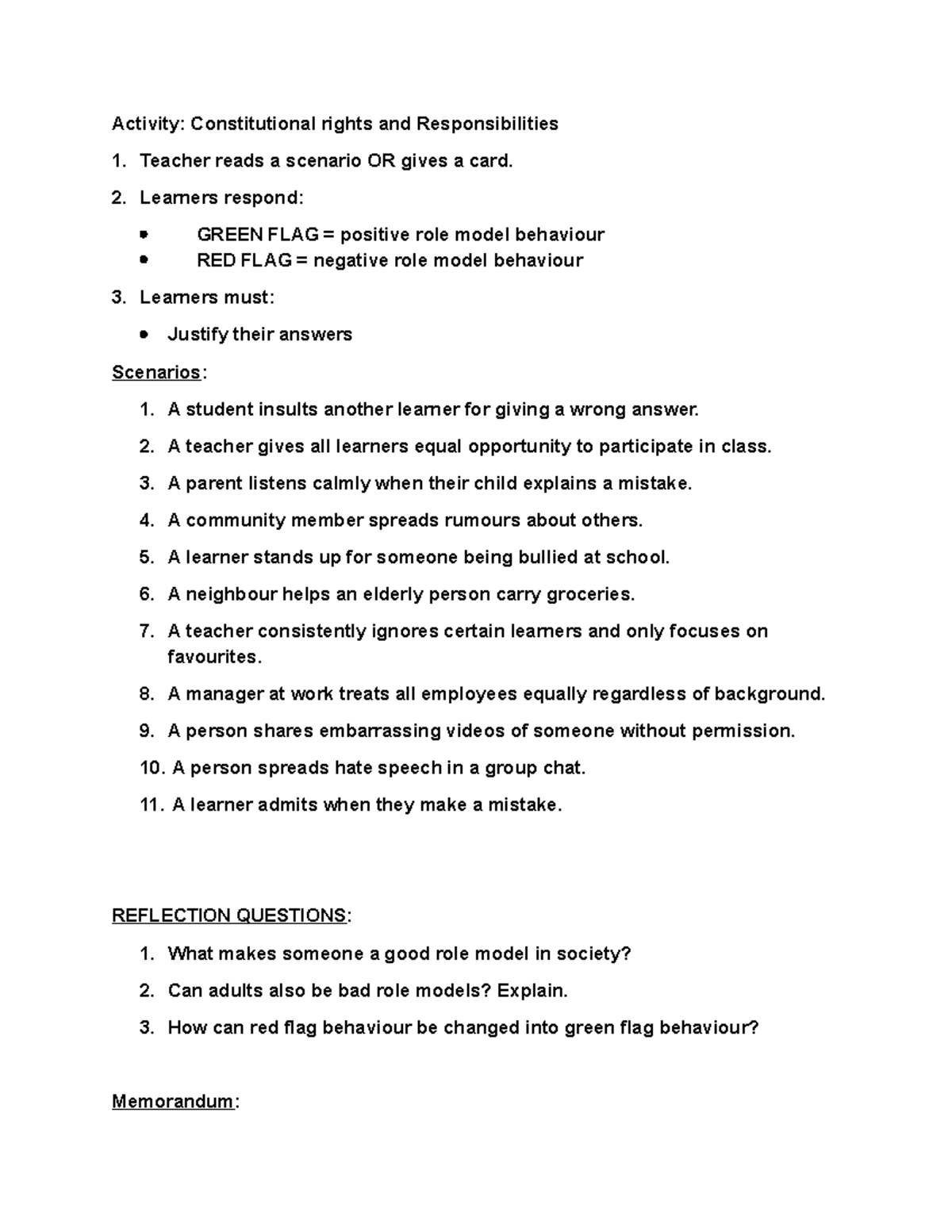 Activity: Constitutional Rights & Responsibilities - Grade 9 - Studocu