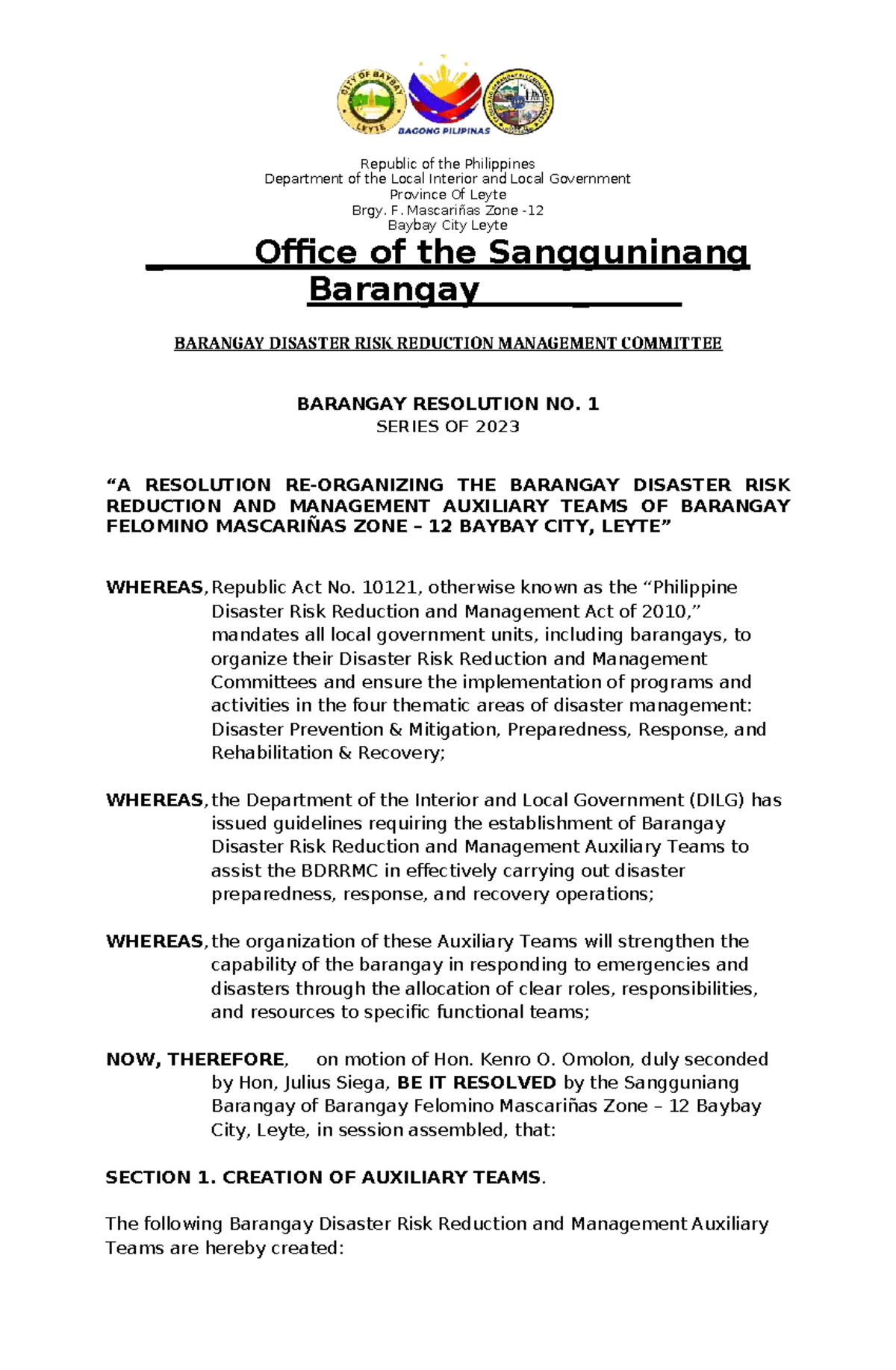 Barangay Resolution No. 1 Series of 2023: BDRRM Auxiliary Teams - Studocu