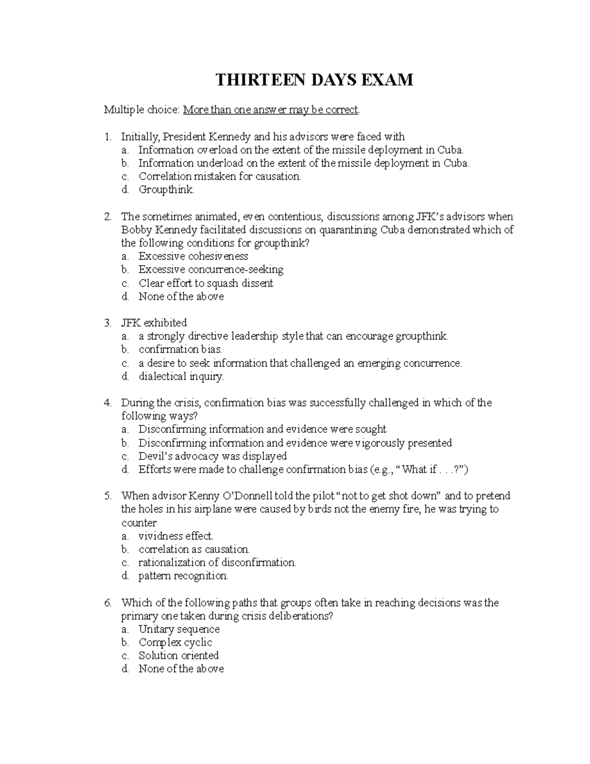 Thirteen Days Exam - Quiz Questions on JFK's Cuban Missile Crisis - Studocu