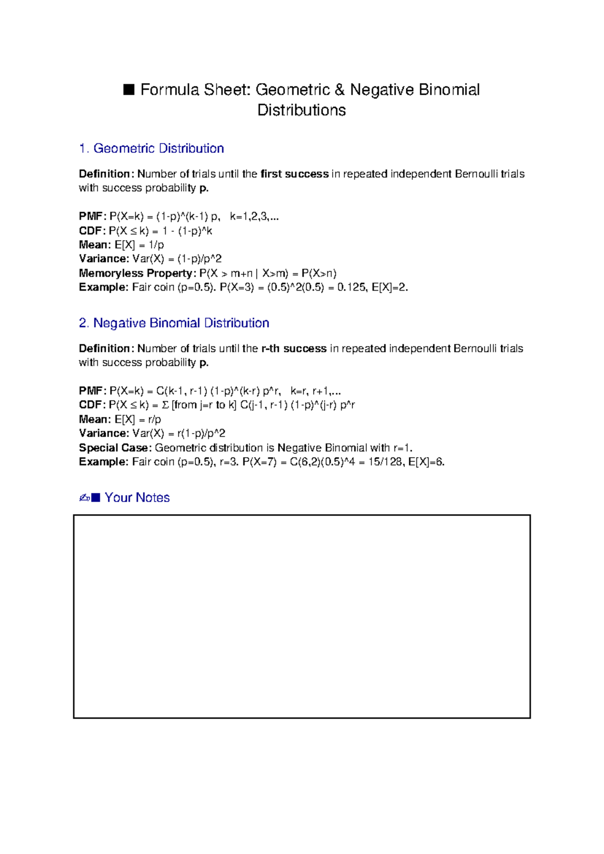 Geometric Negative Binomial Formula Sheet - n Formula Sheet: Geometric ...