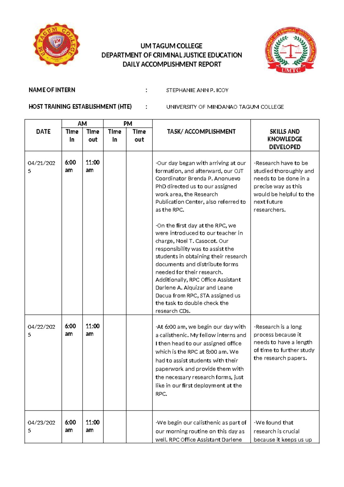 Daily Accomplishment Report: OJT at UM Tagum College - DAR-ICOY,S-UM ...