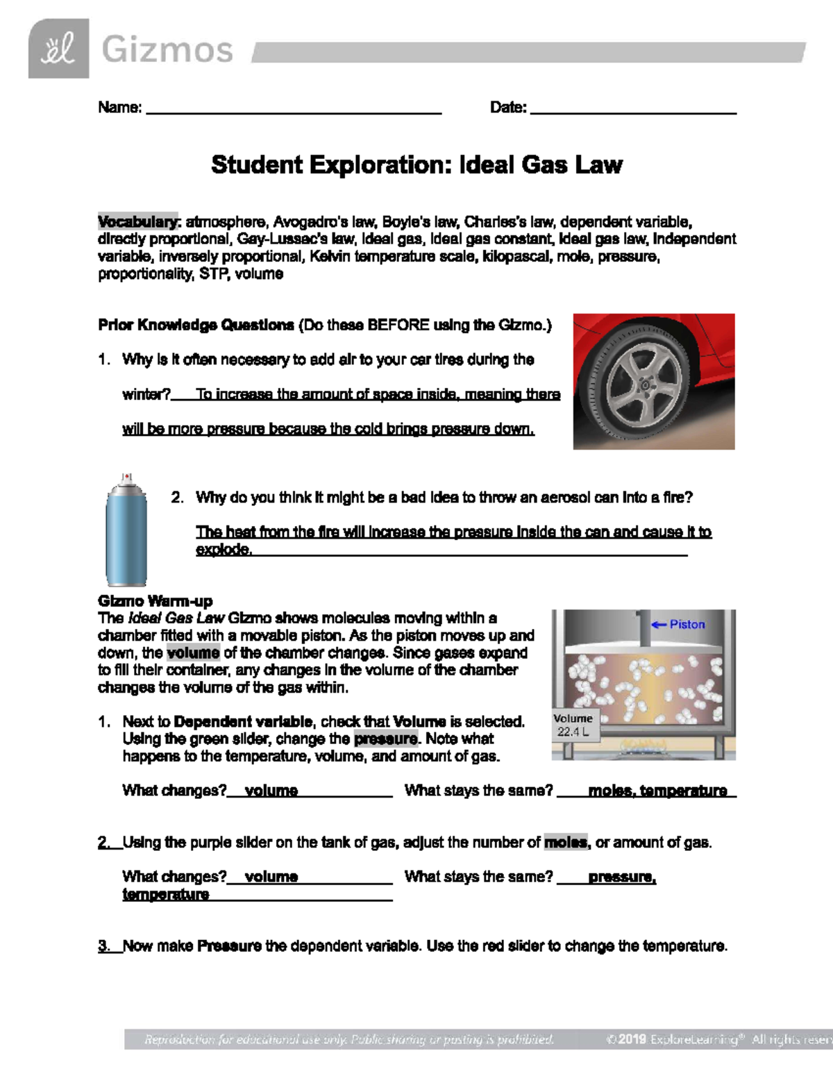 Exploring Ideal Gas Laws: Gizmos Lab Activities Guide - Studocu
